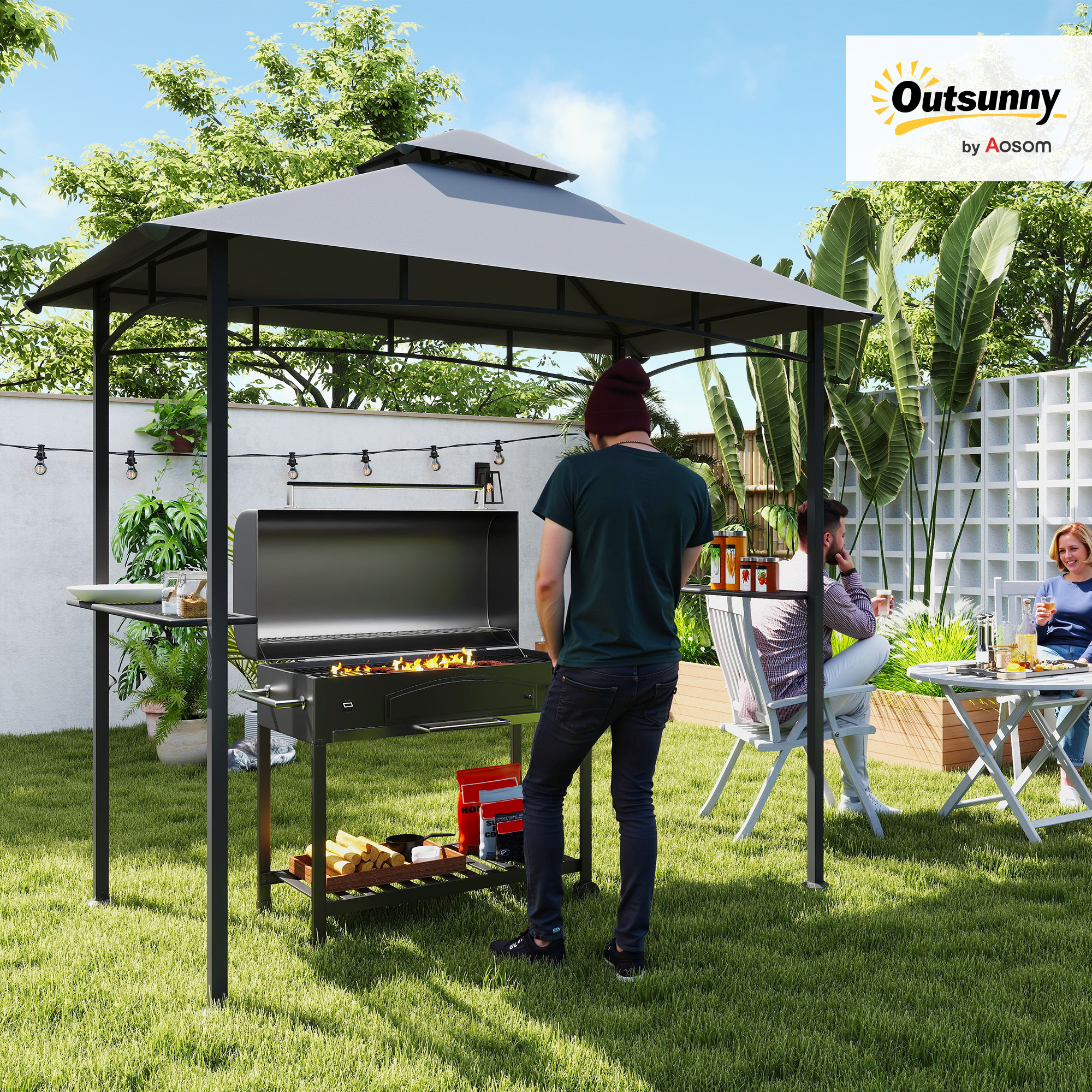Outsunny 8' x 5' BBQ Grill Gazebo Tent with Double Tiered Canopy for ...