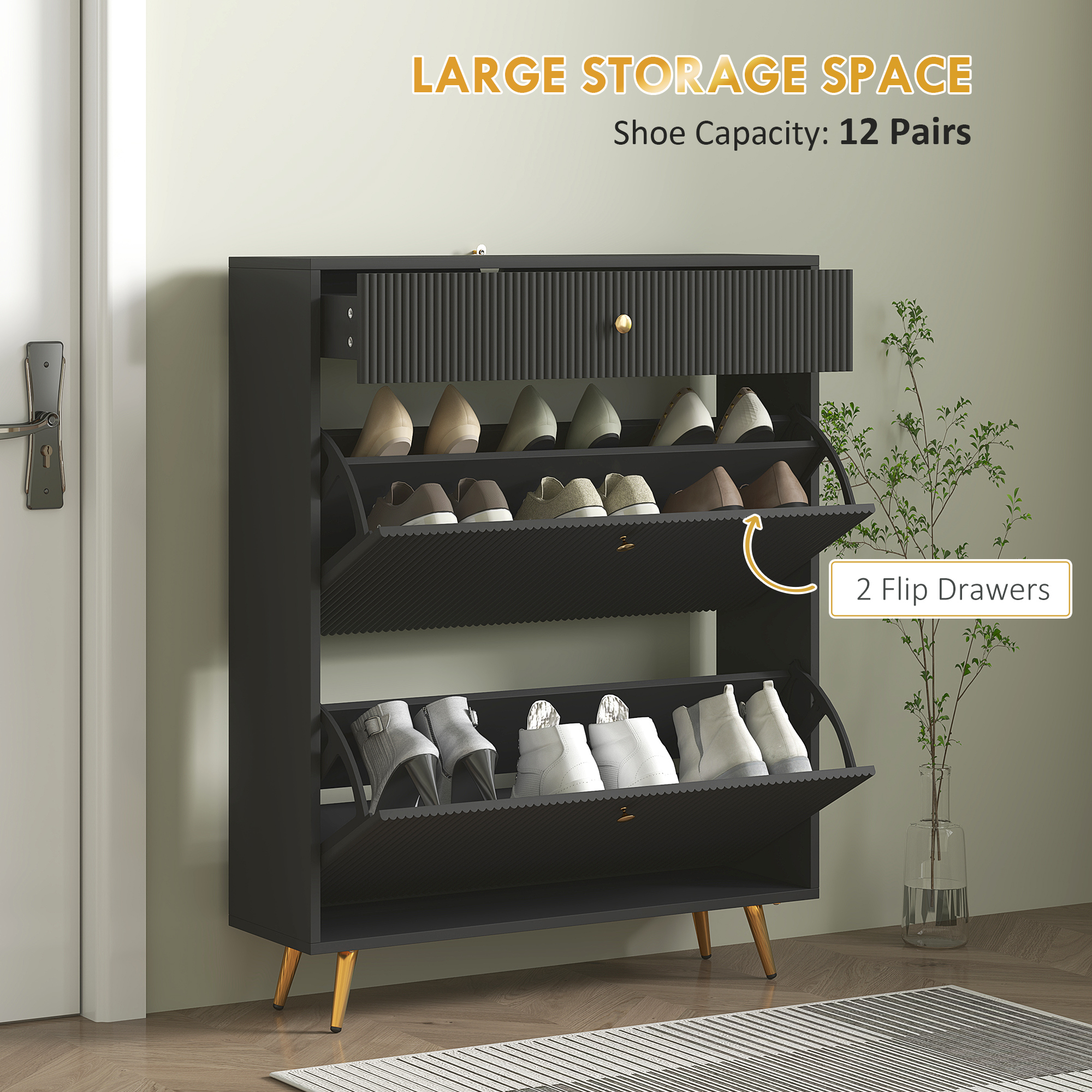 HOMCOM Narrow Shoe Storage Cabinet with Wave-like Panels and Adjustable ...