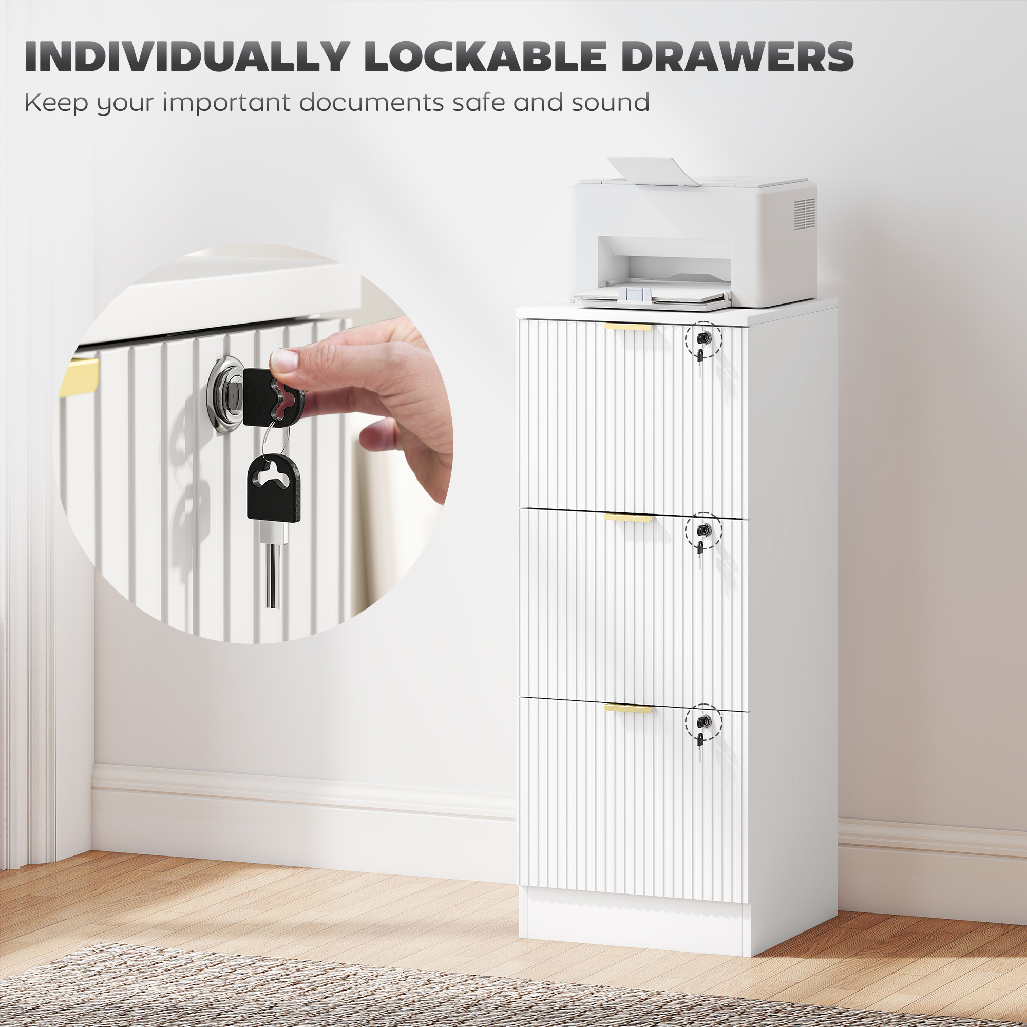 HOMCOM Lockable Filing Cabinet with 3 Fluted Drawers, File Cabinet with ...
