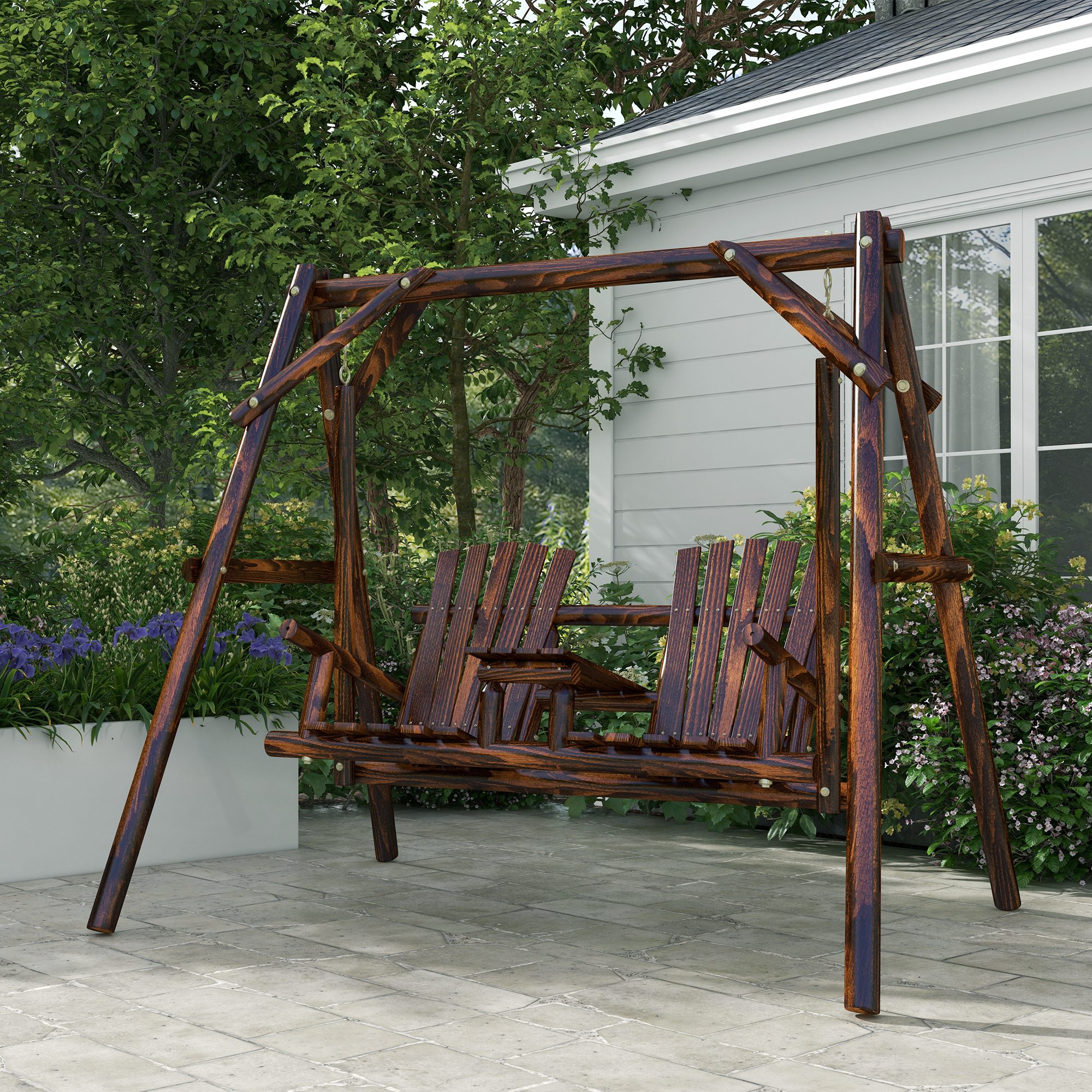 Outsunny Wooden 2-Seat A-Frame Porch Swing Rustic Patio Bench Outdoor ...