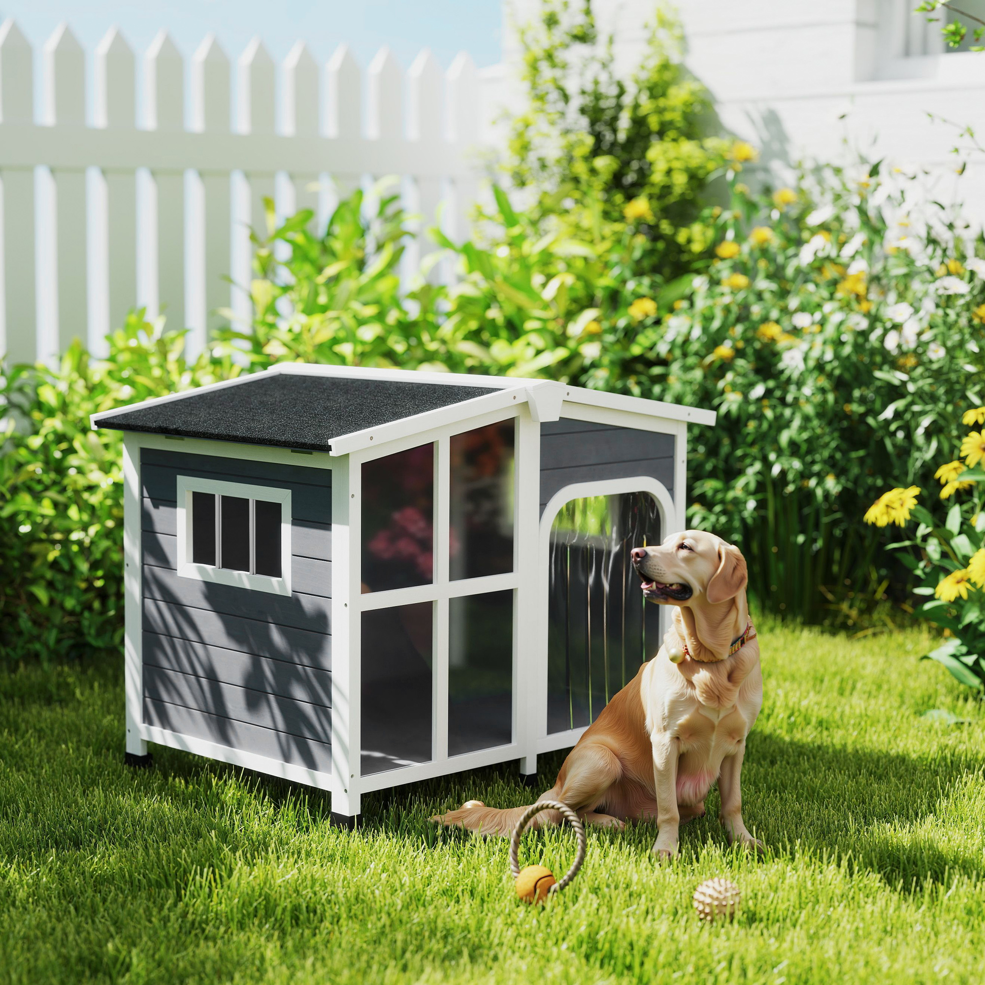 PawHut Cabin-Style Wooden Dog House for Large Dogs with Openable Roof ...