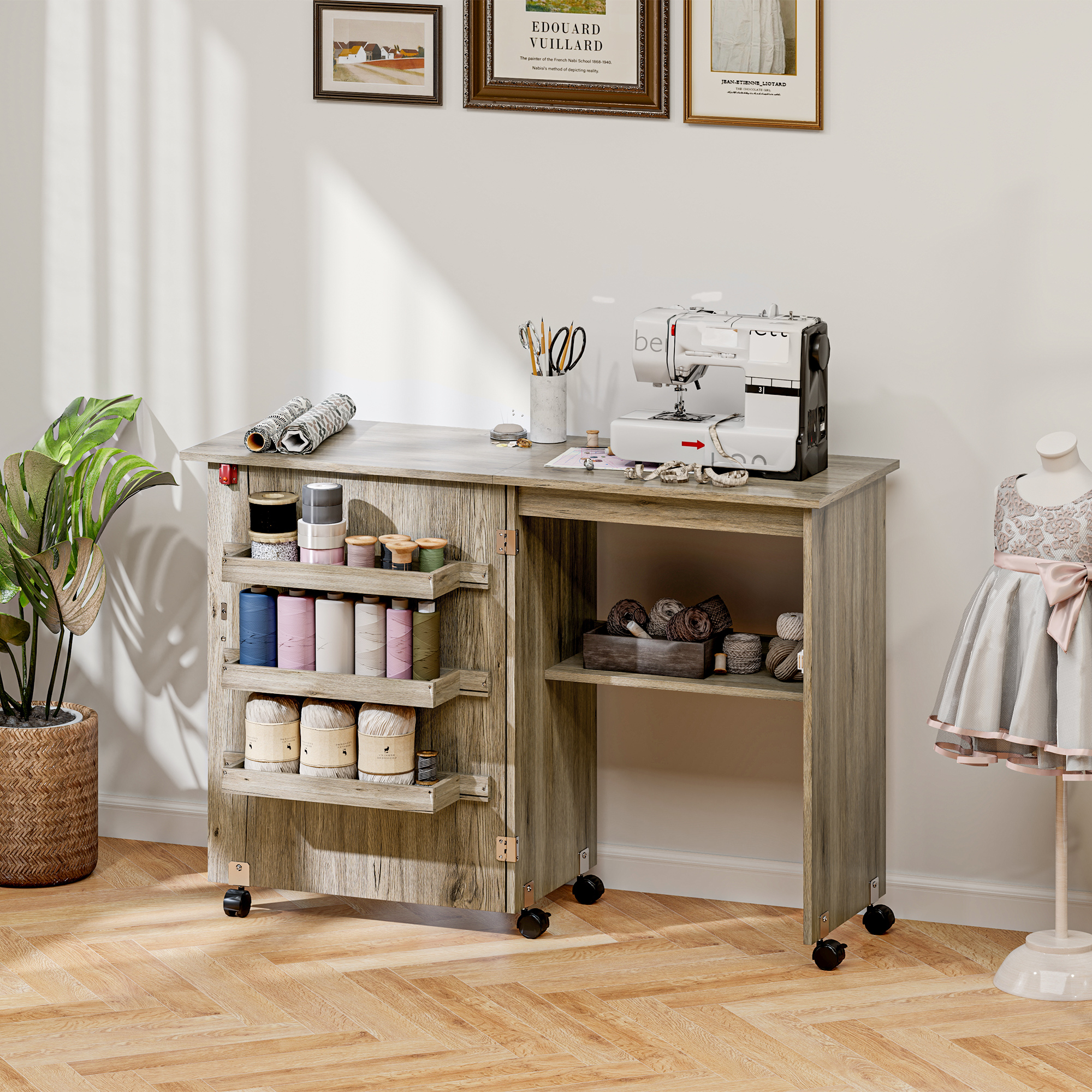 HOMCOM Sewing Machine Cabinet, Folding Sewing Table with Storage Shelf ...