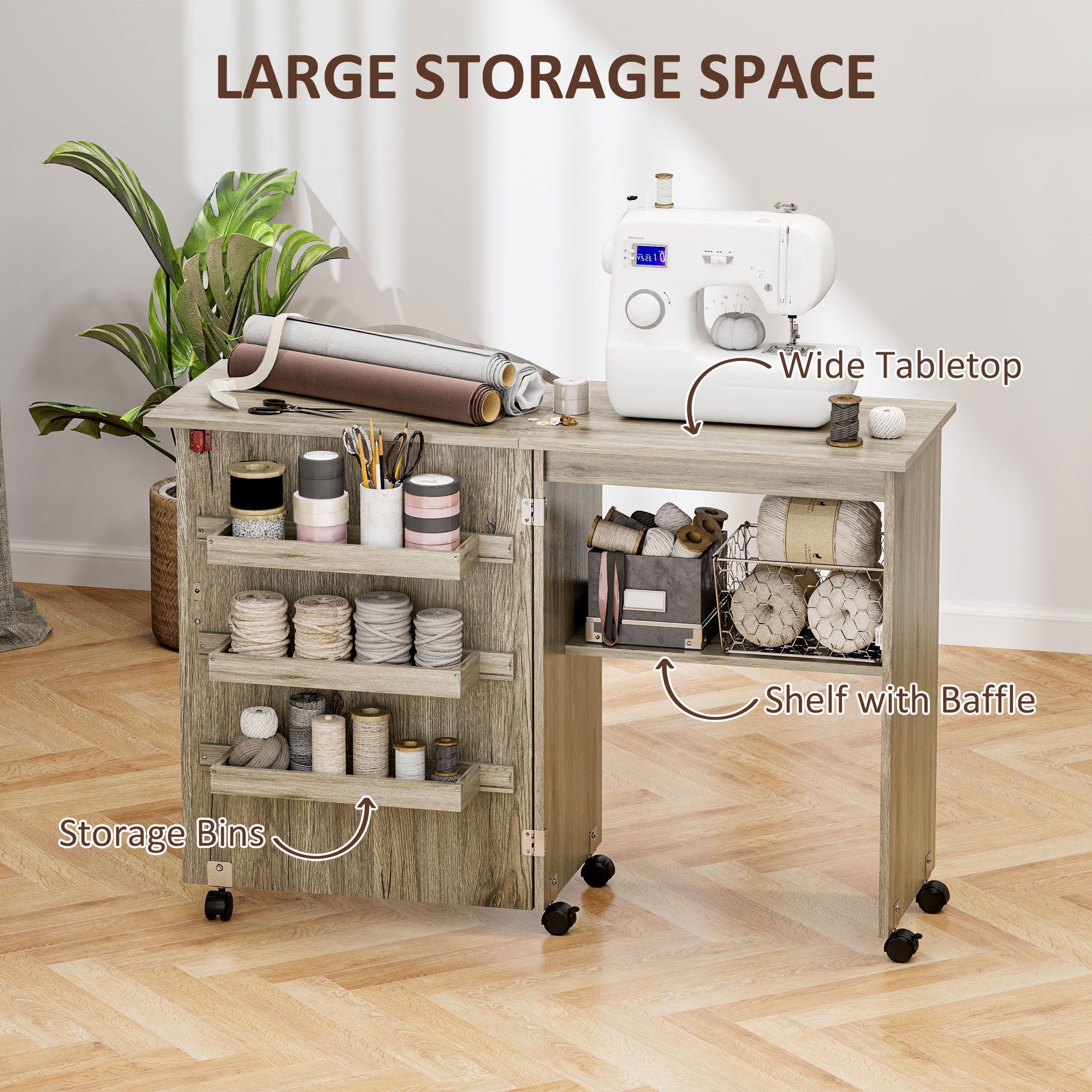 HOMCOM Sewing Machine Cabinet, Folding Sewing Table with Storage Shelf ...