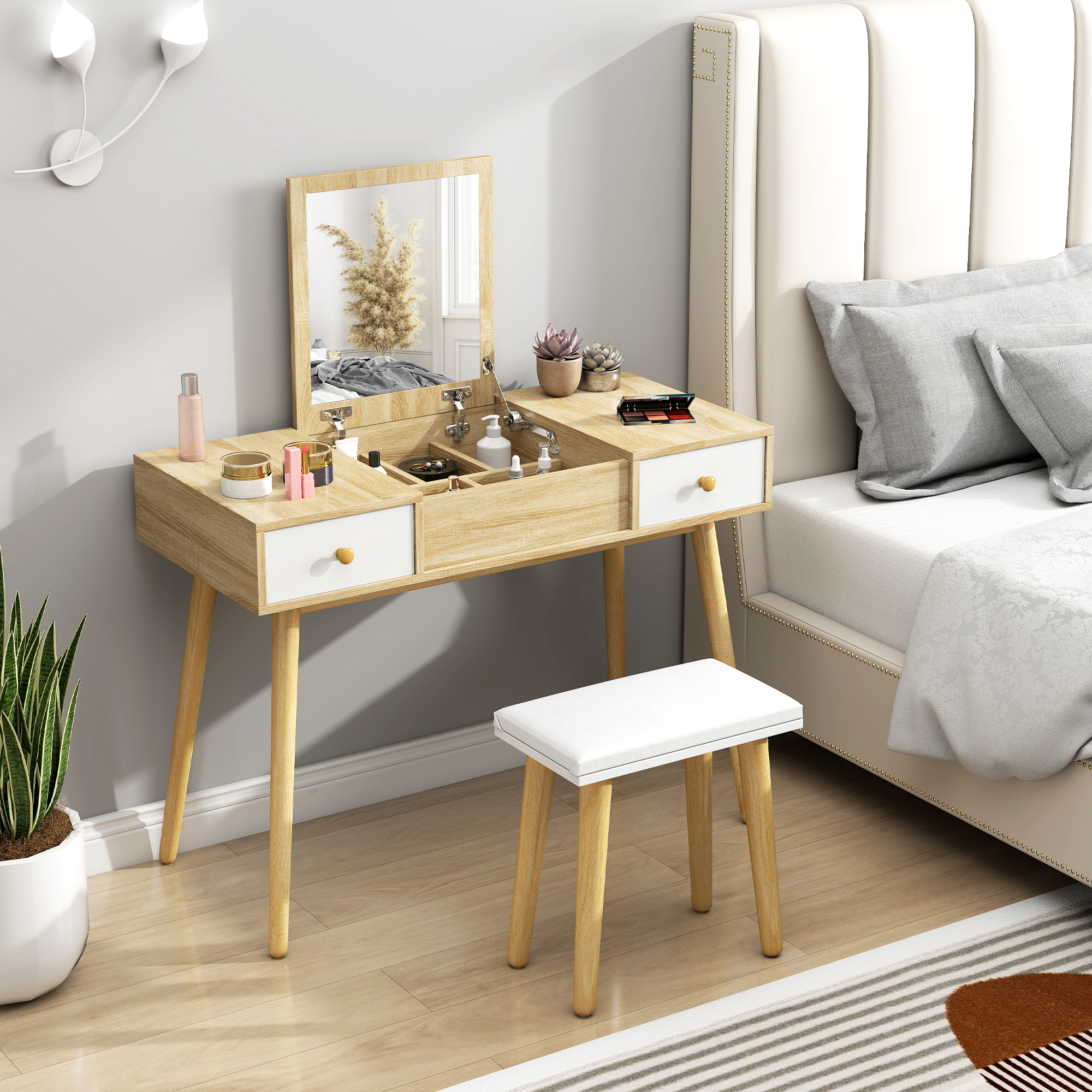 HOMCOM Dressing Table Set with Flip Top Mirror and Cushioned Stool ...