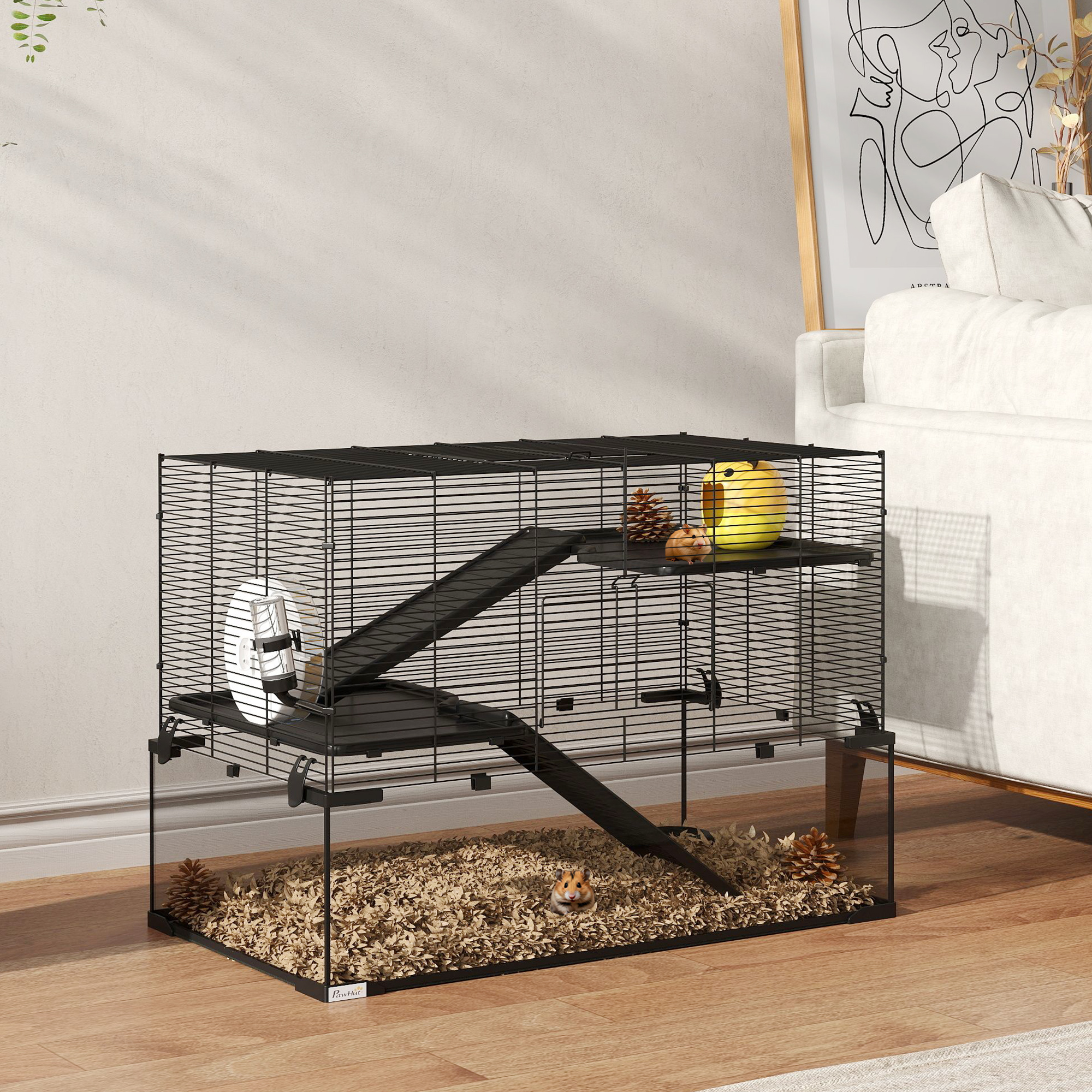 PawHut Hamster Cage, Gerbil Cage with Glass Basin for Small Hamsters ...