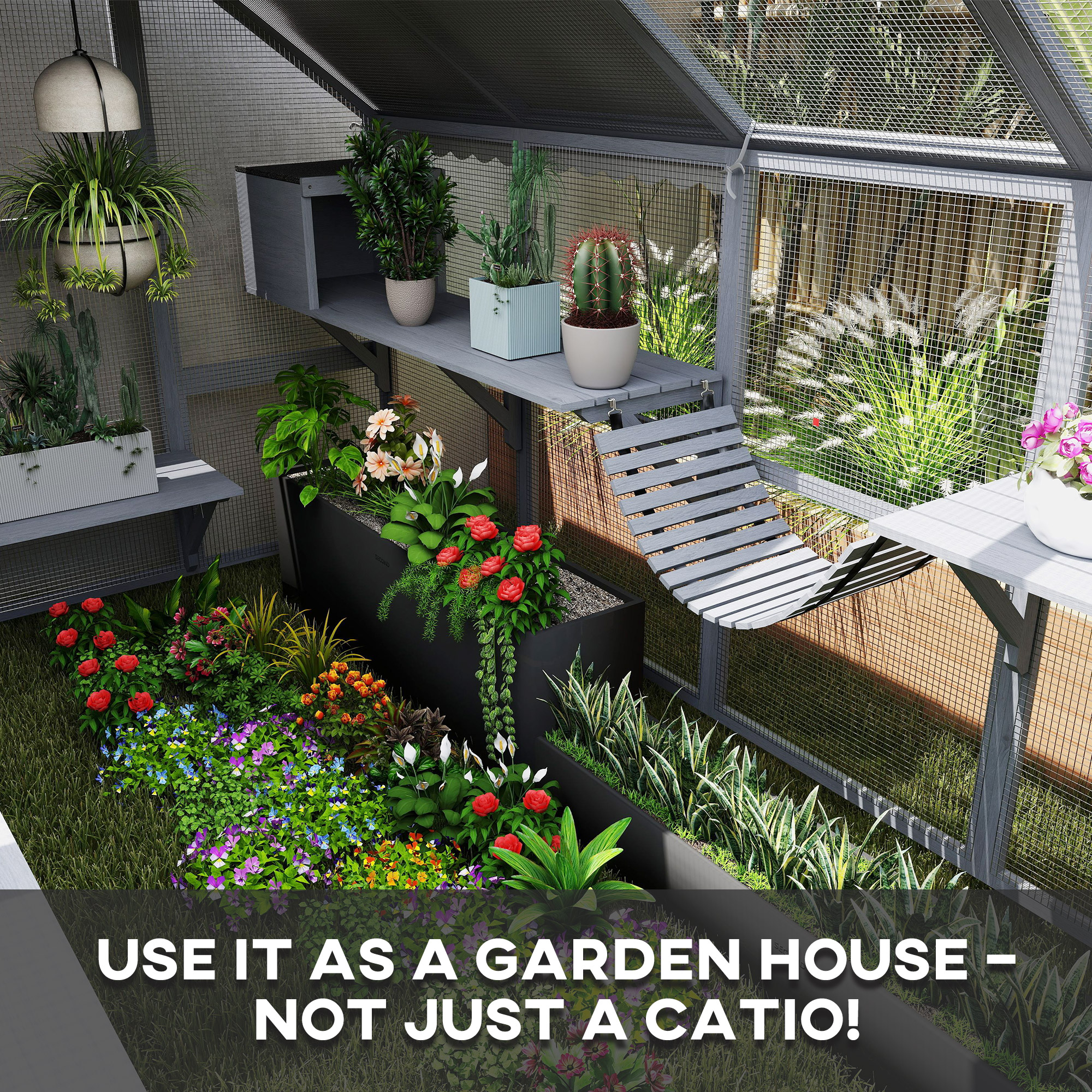 PawHut Outdoor Cat Enclosure with Condos, Canopy, Suspension Bridges ...