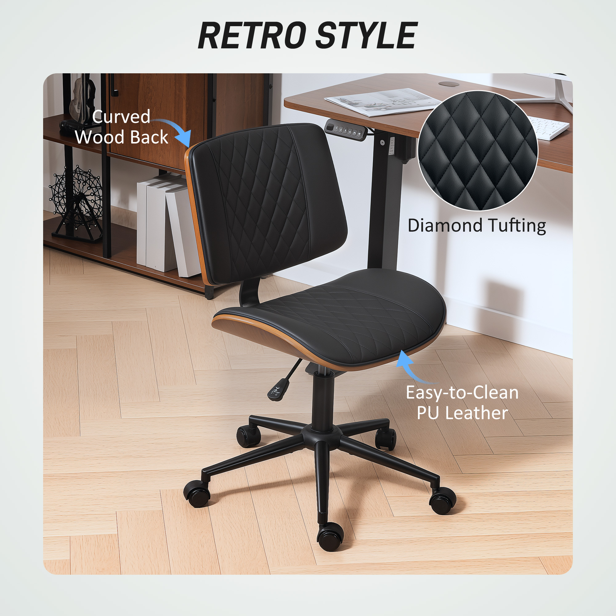 HOMCOM Home Office Chair No Arms with Wheels, PU Leather Desk Chair ...