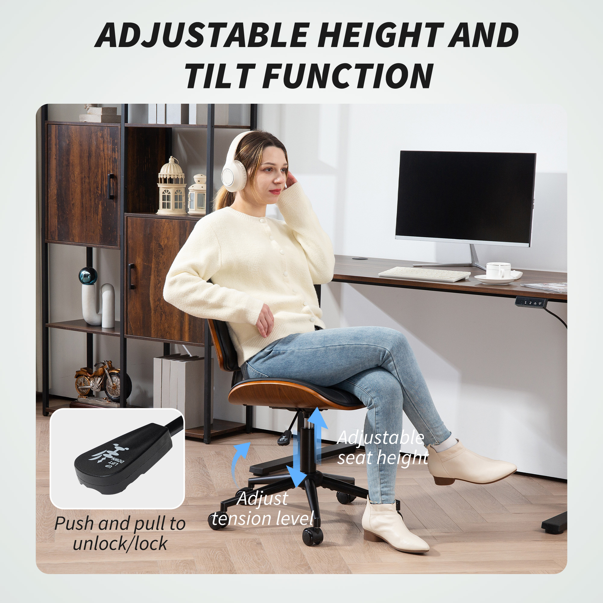 HOMCOM Home Office Chair No Arms with Wheels, PU Leather Desk Chair ...