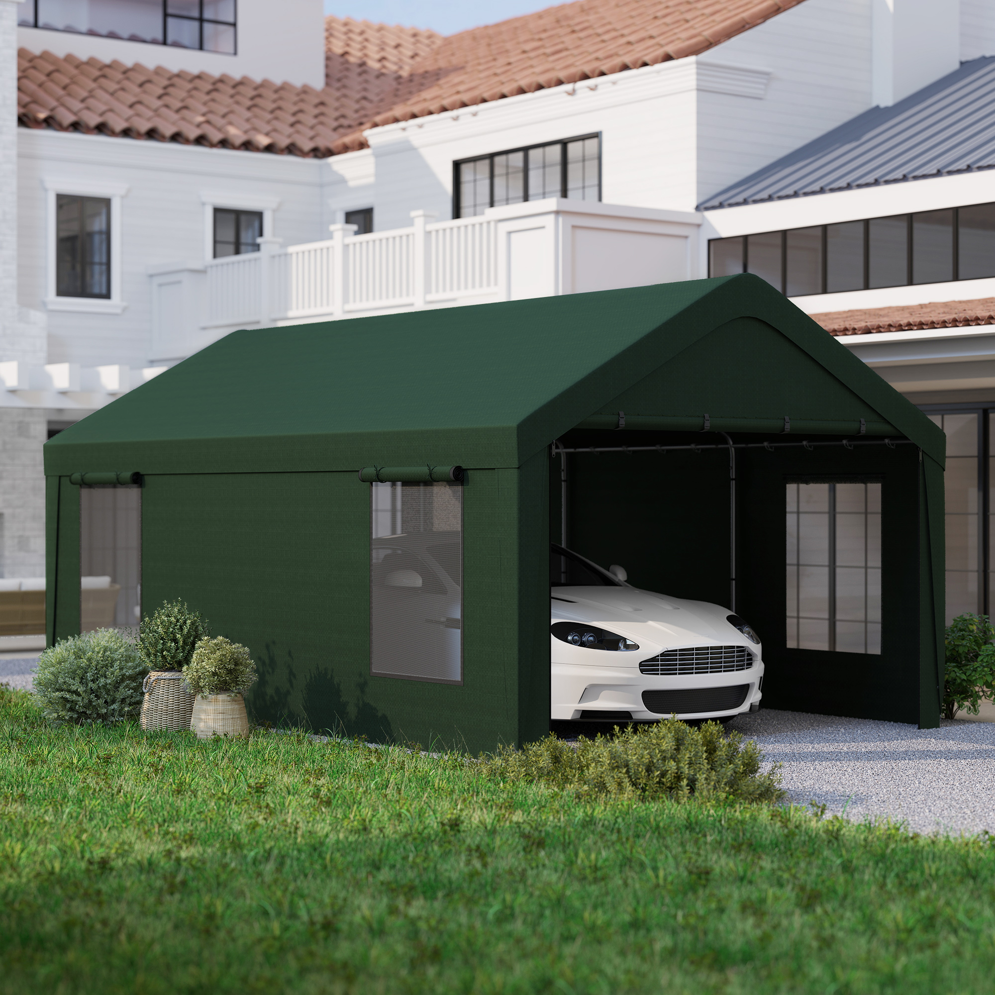 Outsunny 12 x 20ft Carport with 2 Roll-Up Doors, 4 Windows, Portable ...
