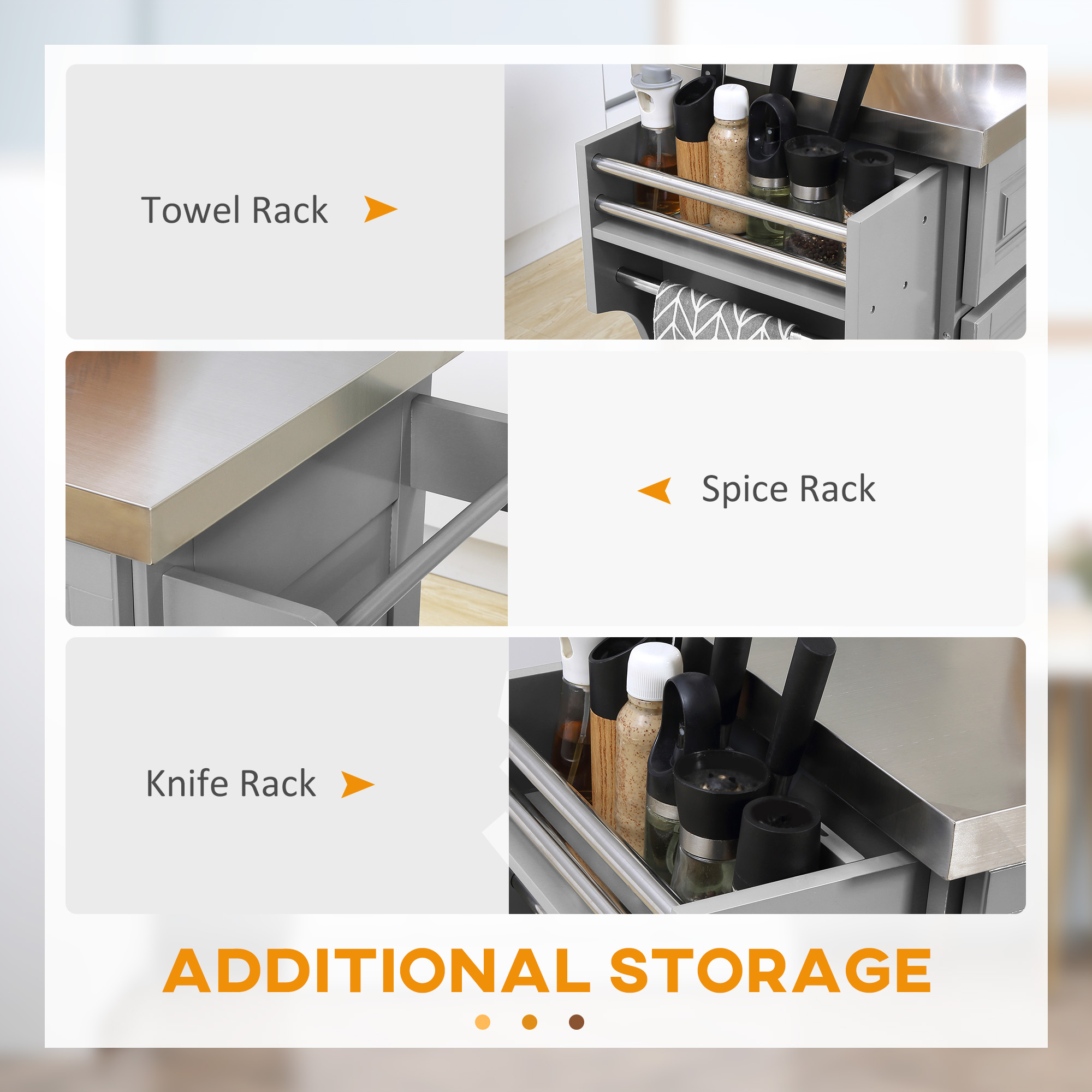 HOMCOM Rolling Kitchen Island with Storage, Portable Kitchen Cart with Stainless Steel Top, 2 ...