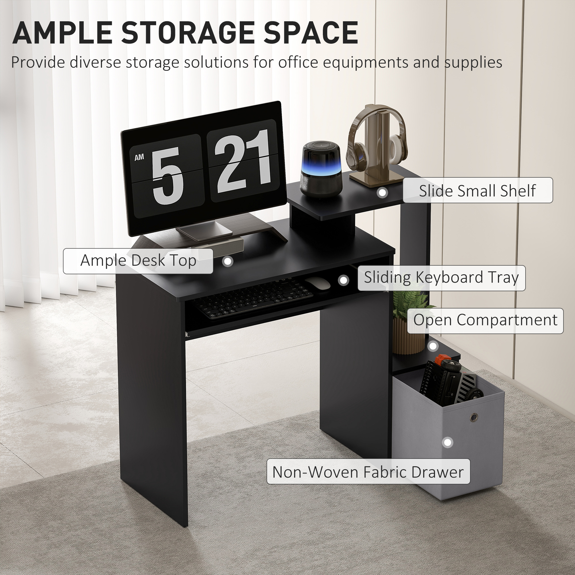 HOMCOM Computer Desk with Sliding Keyboard Tray Storage Drawer Shelf ...