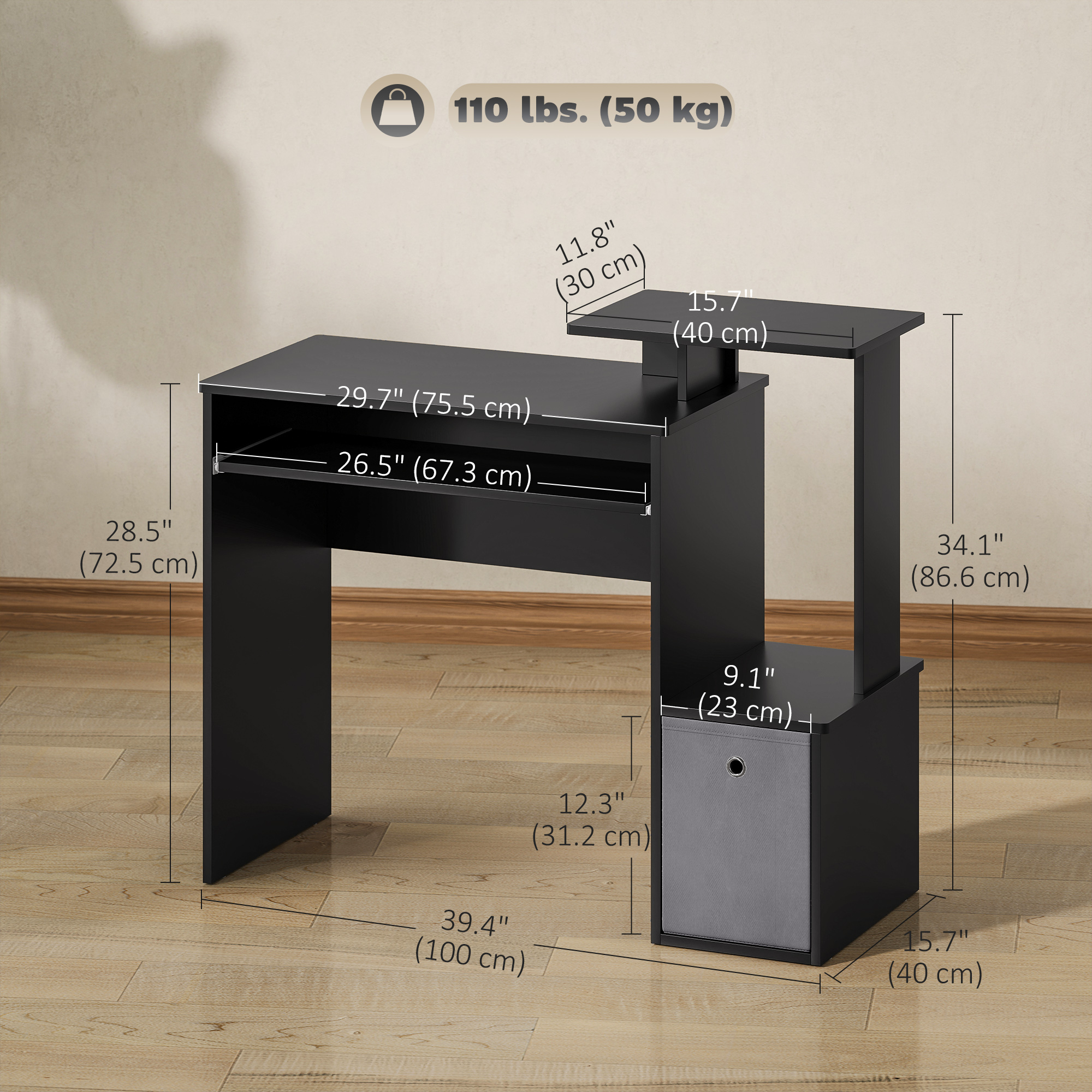 HOMCOM Computer Desk with Sliding Keyboard Tray Storage Drawer Shelf ...