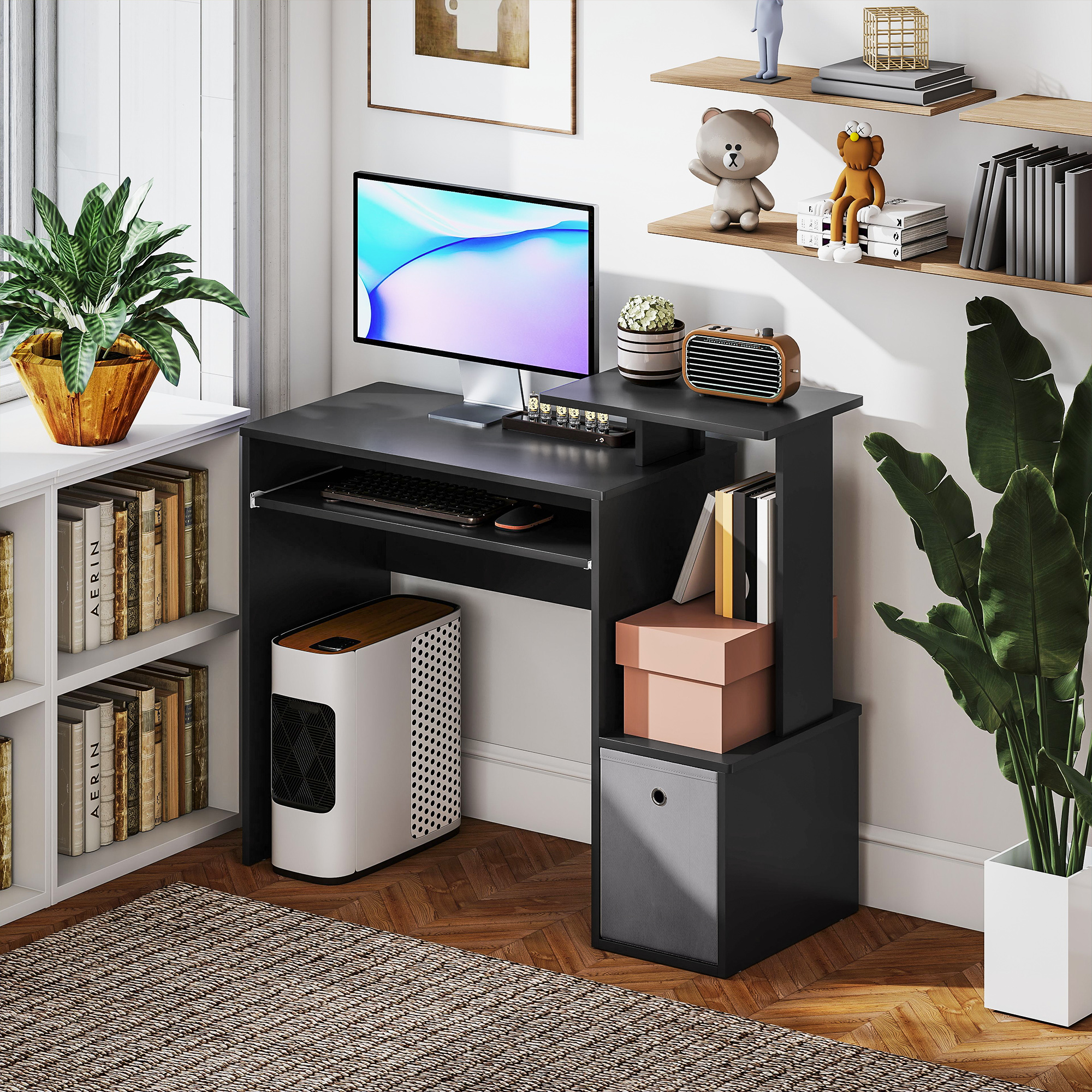 HOMCOM Computer Desk with Sliding Keyboard Tray Storage Drawer Shelf ...