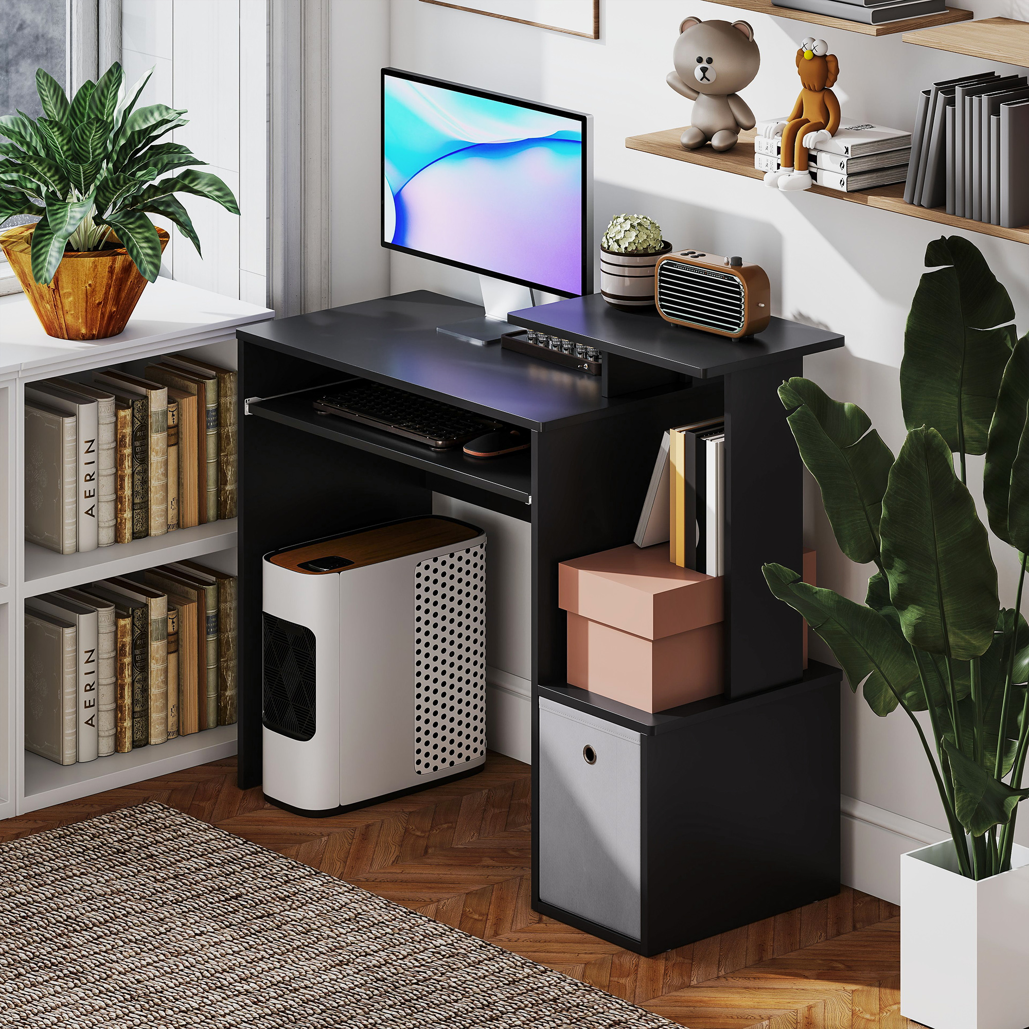 HOMCOM Computer Desk with Sliding Keyboard Tray Storage Drawer Shelf ...