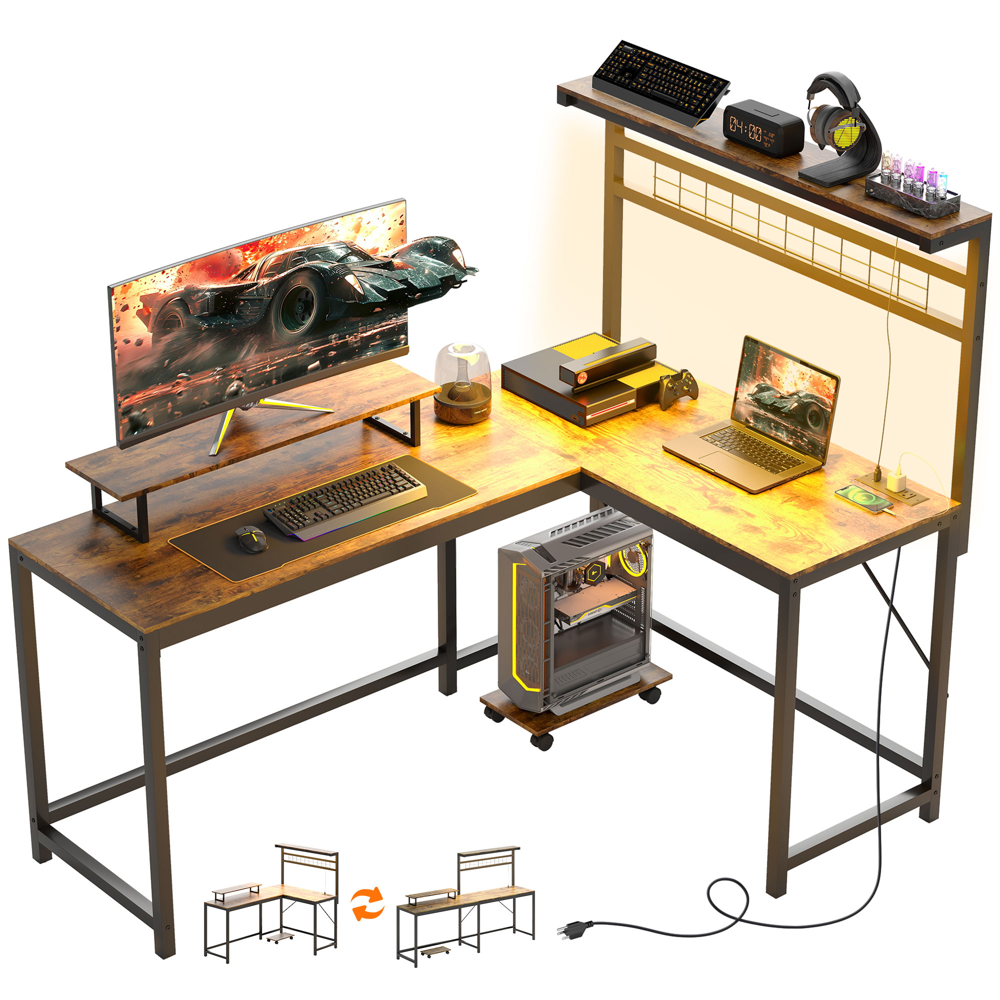 HOMCOM 61.6" L Shaped Gaming Desk with Power Outlets & LED Lights ...