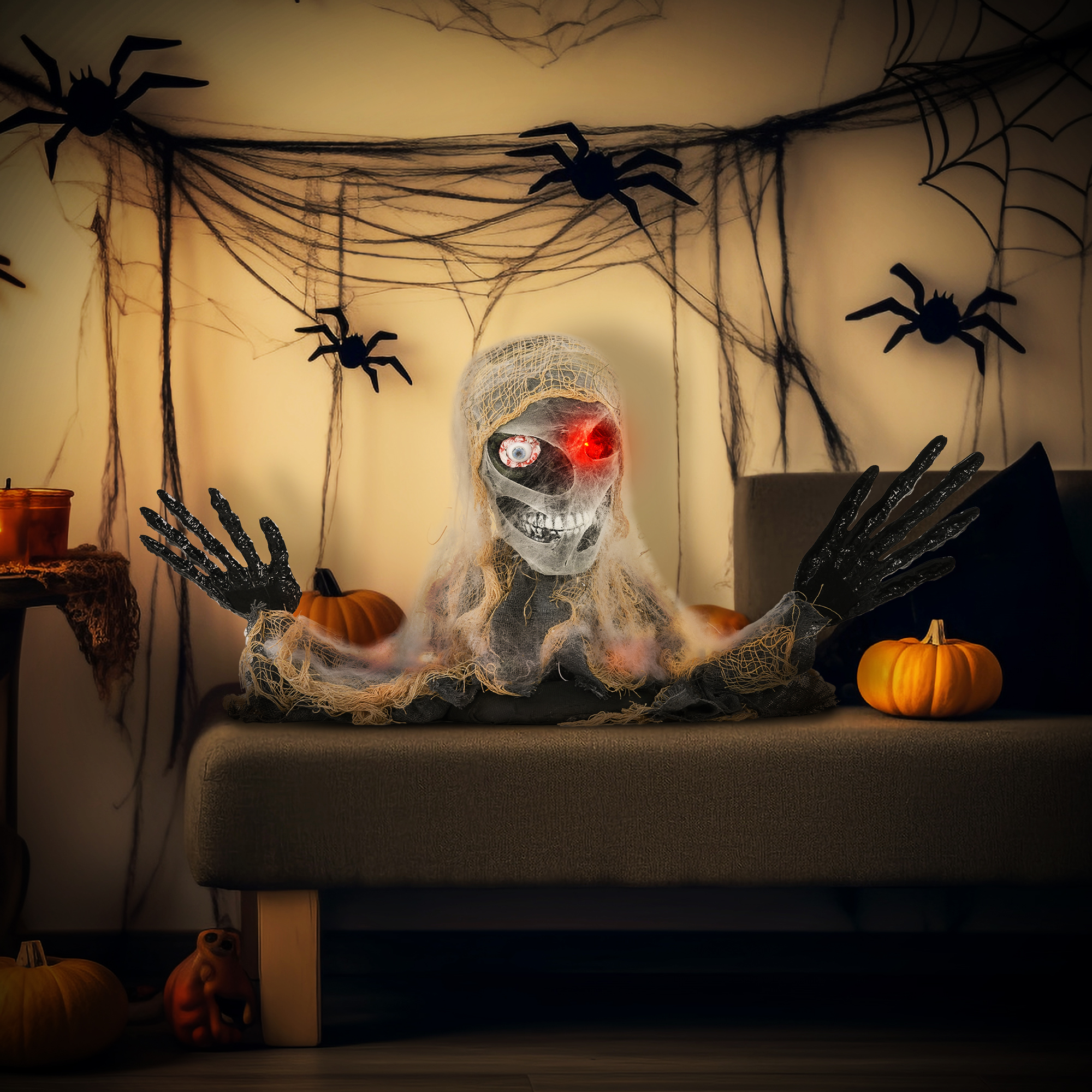 HOMCOM Halloween Animated Mummy with Glowing LED Eyes, Animatronic ...