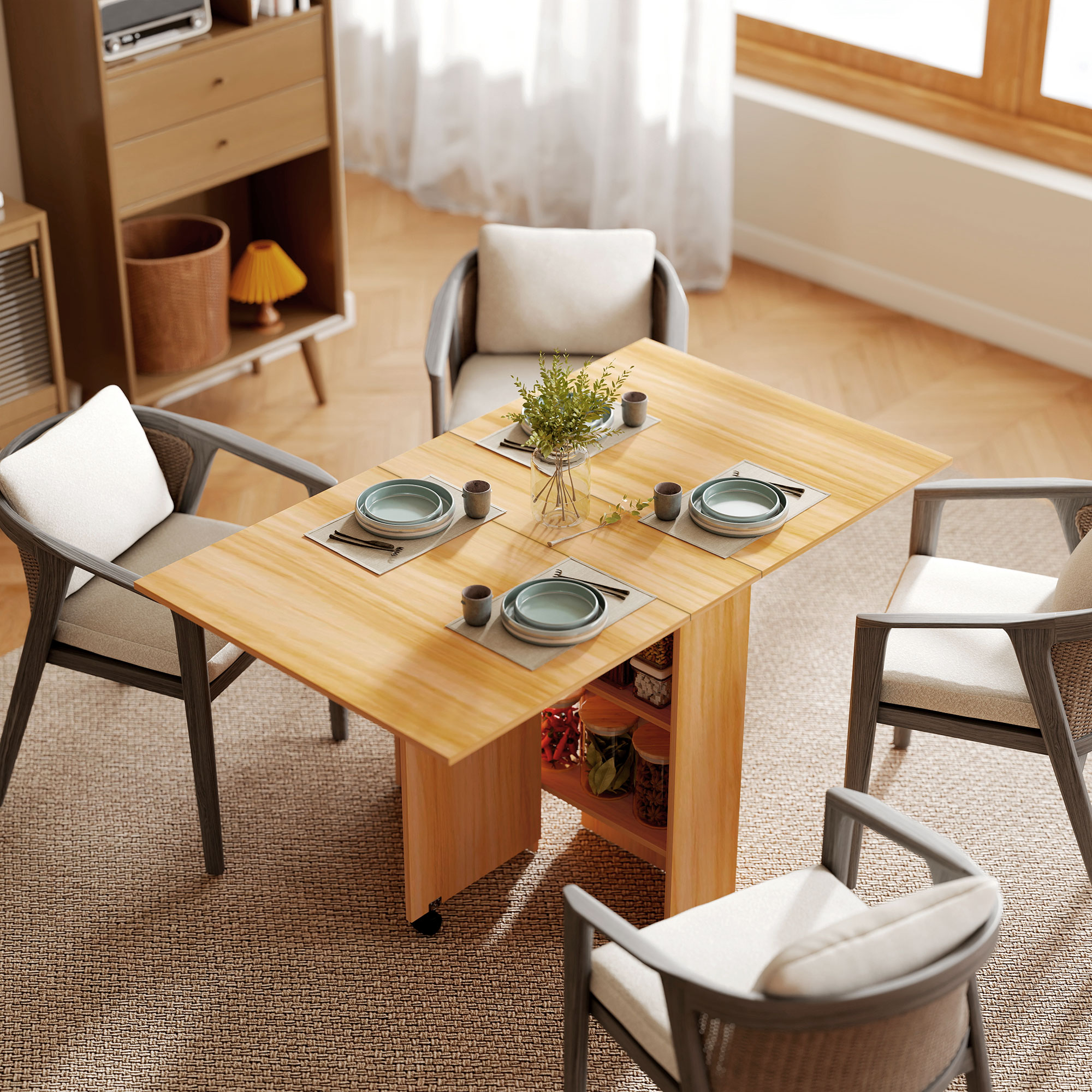 HOMCOM Foldable Dining Table with Storage Shelves, Drop Leaf Folding ...