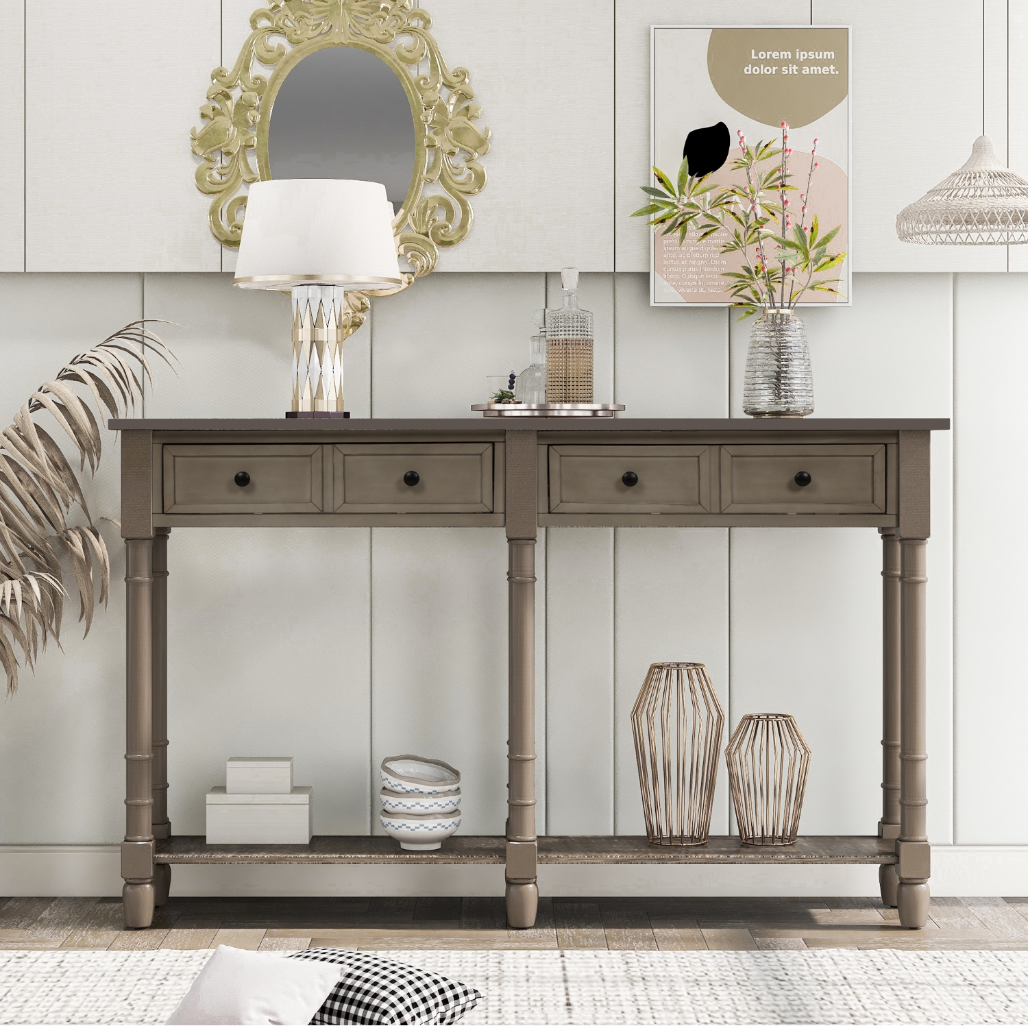 Console Table with Two Storage Drawers and Bottom Shelf, Gray | Aosom ...