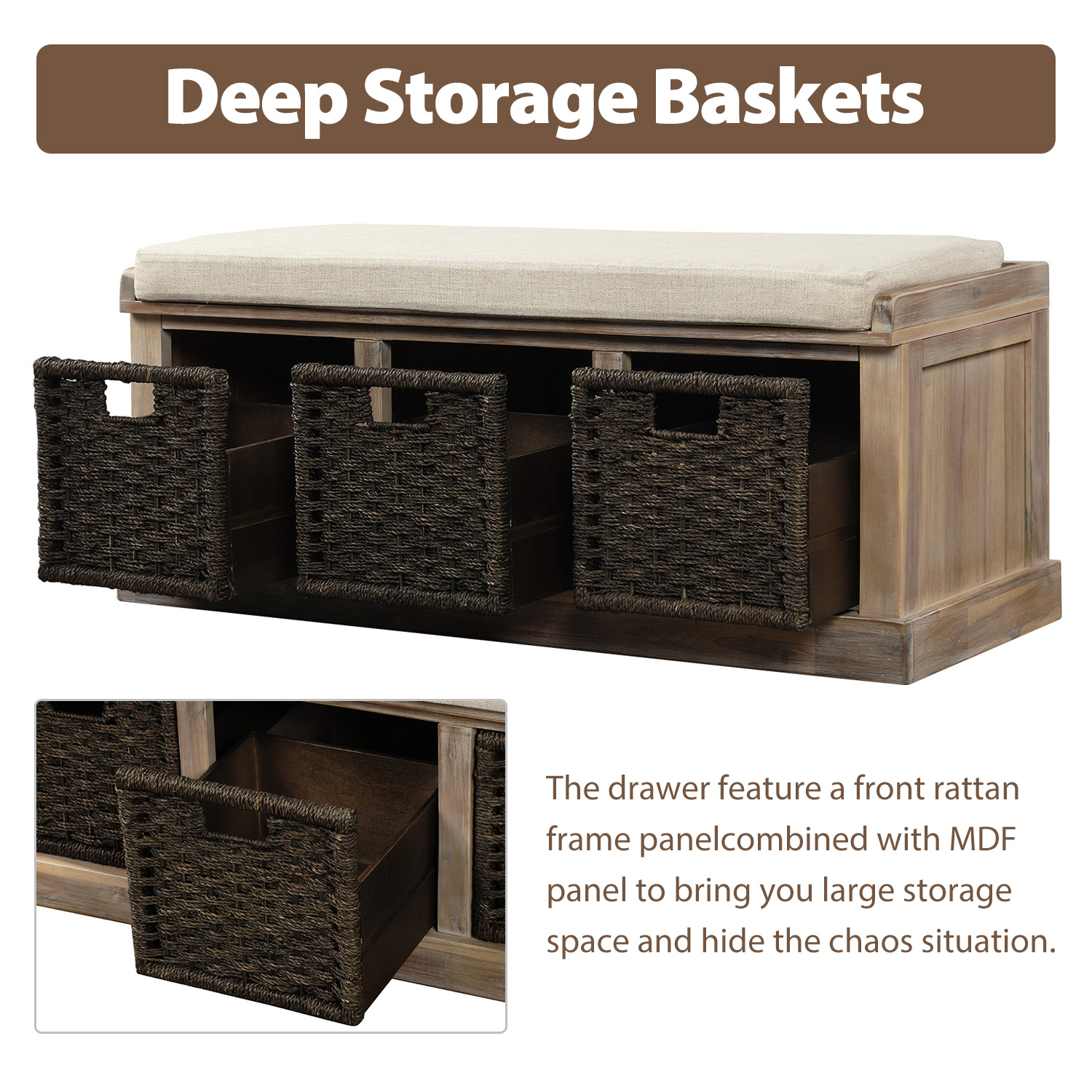 Rustic Storage Bench with 3 Rattan Baskets, Natural | Aosom Canada
