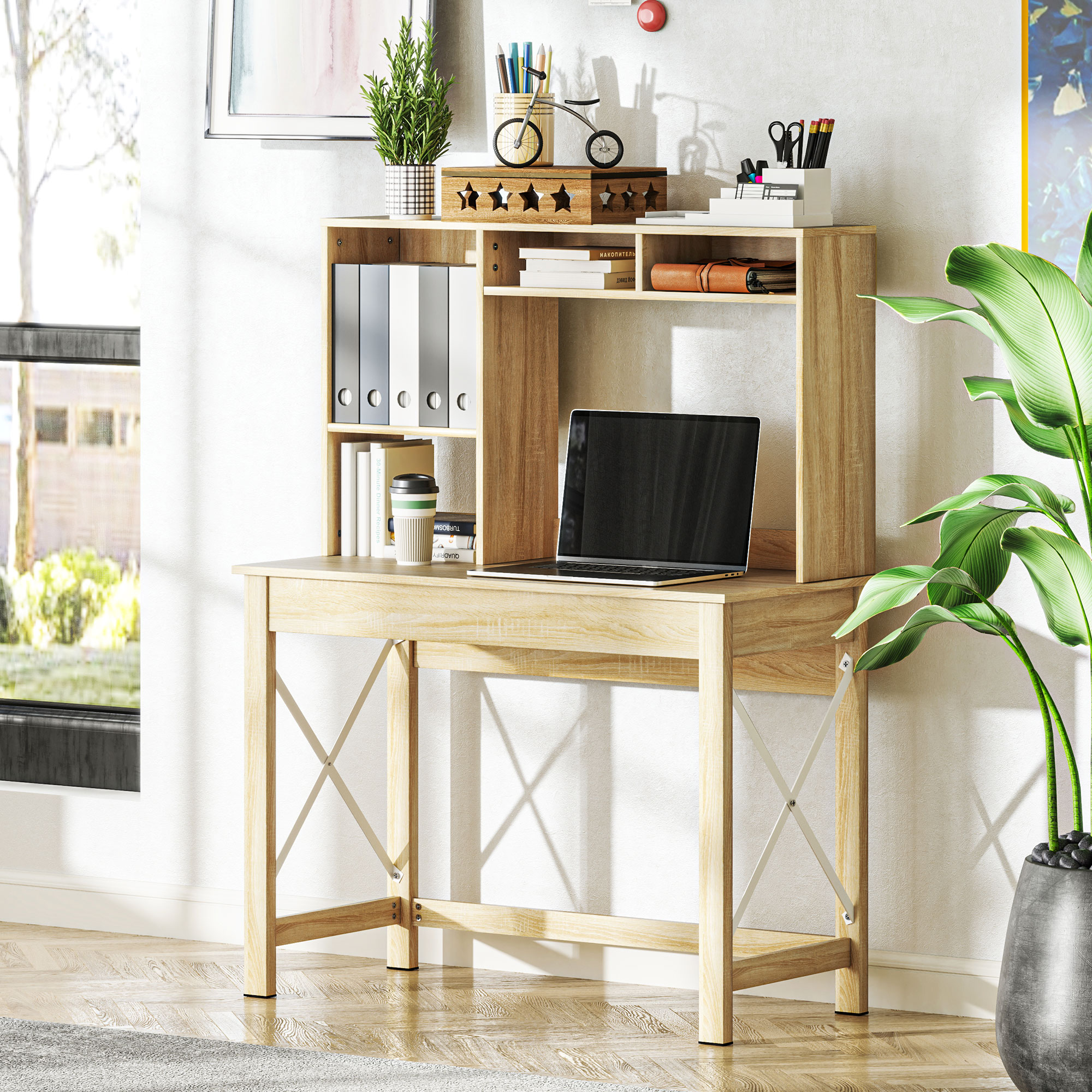 HOMCOM Computer Desk with Hutch, Home Office Study Table with Storage ...