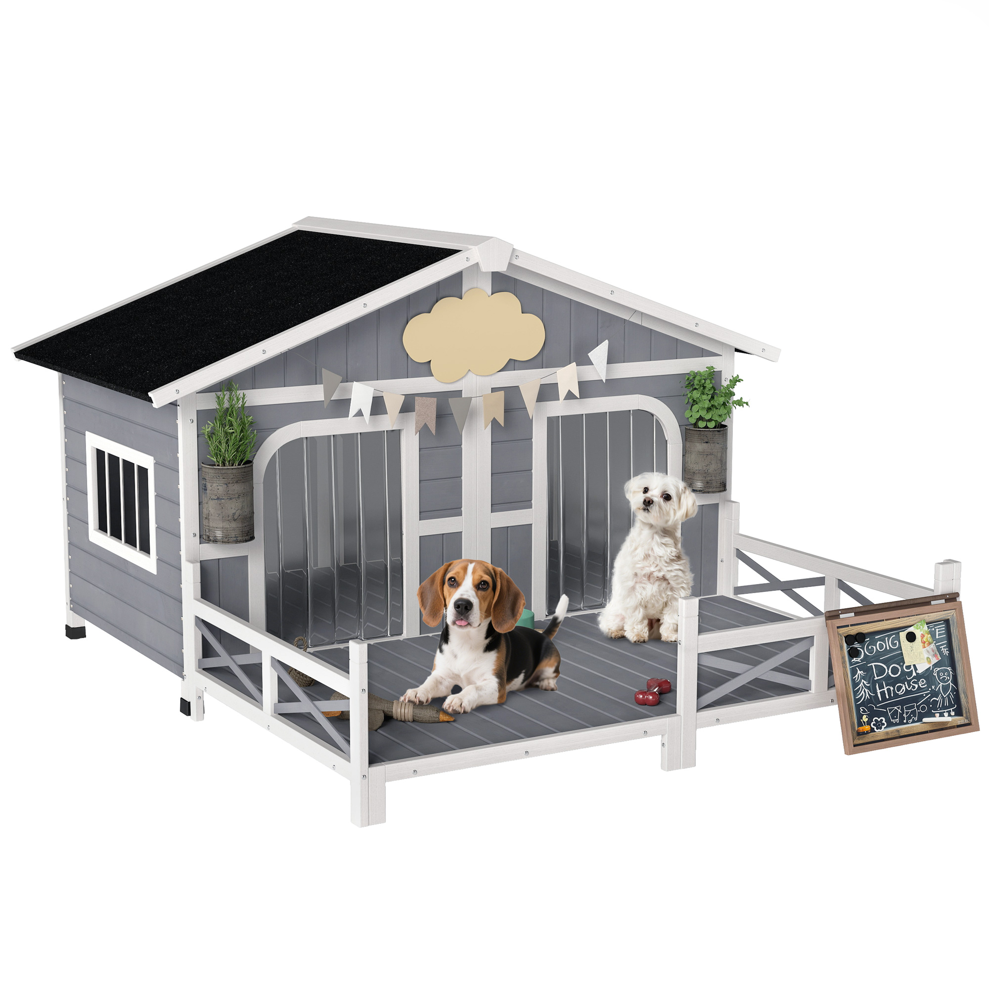 PawHut 59"x64"x39" Large Dog House with porch Deck Outdoor Pet Shelter ...