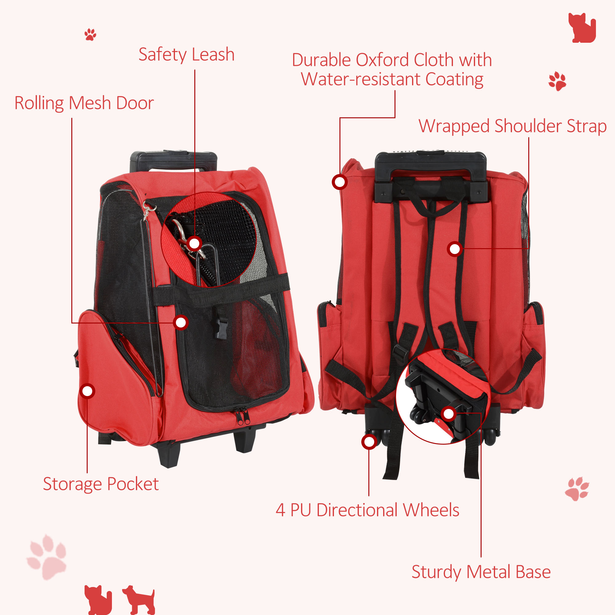 PawHut Rolling Wheel with Removable Support Pet Carriers,Soft Sided ...