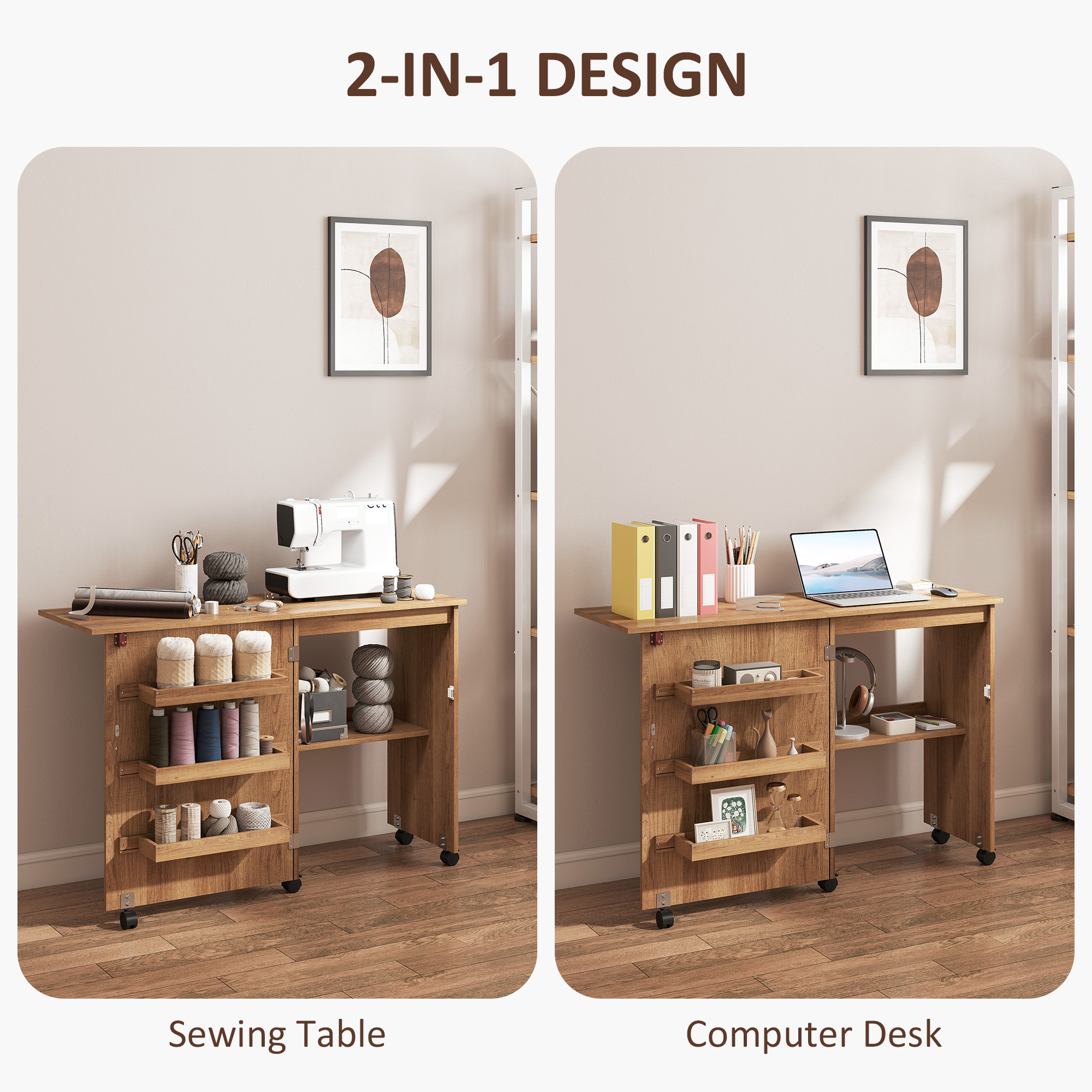 HOMCOM Sewing Machine Cabinet, Folding Sewing Table with Storage Shelf ...