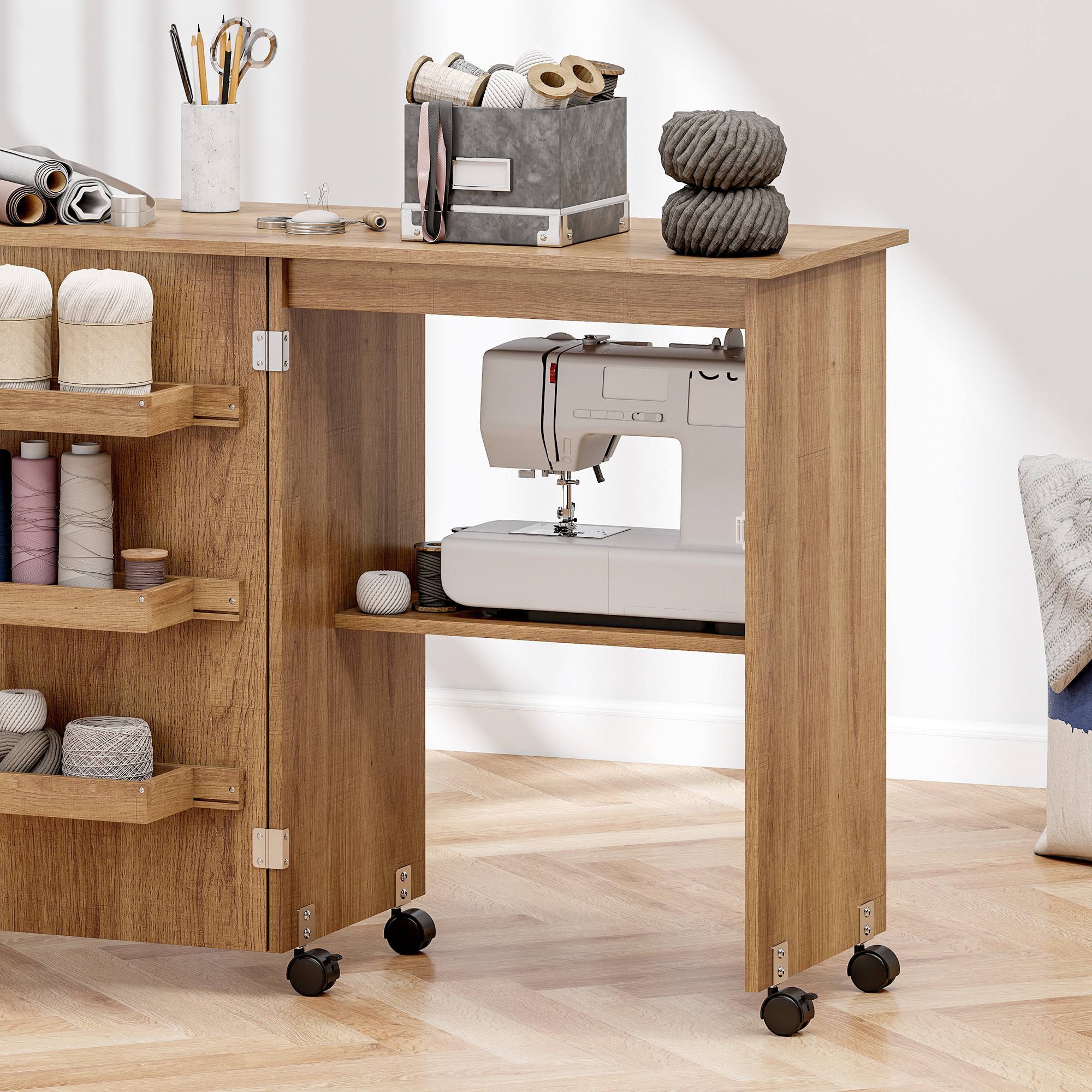 HOMCOM Sewing Machine Cabinet, Folding Sewing Table with Storage Shelf ...