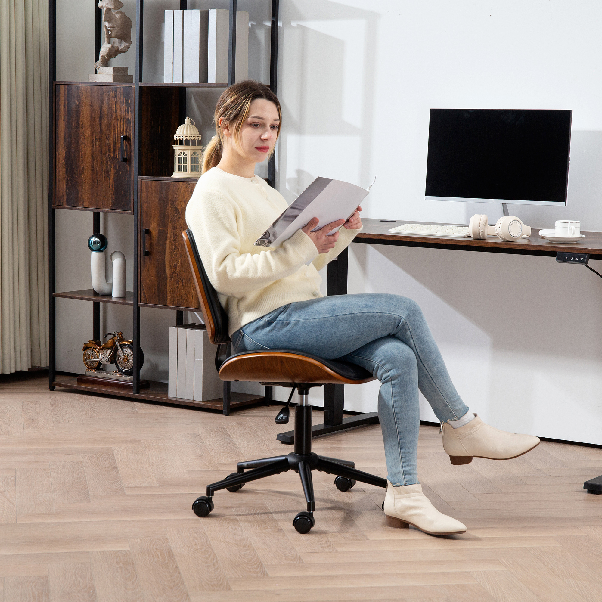 HOMCOM Office Chair No Arms with Wheels, PU Leather Desk Chair with ...