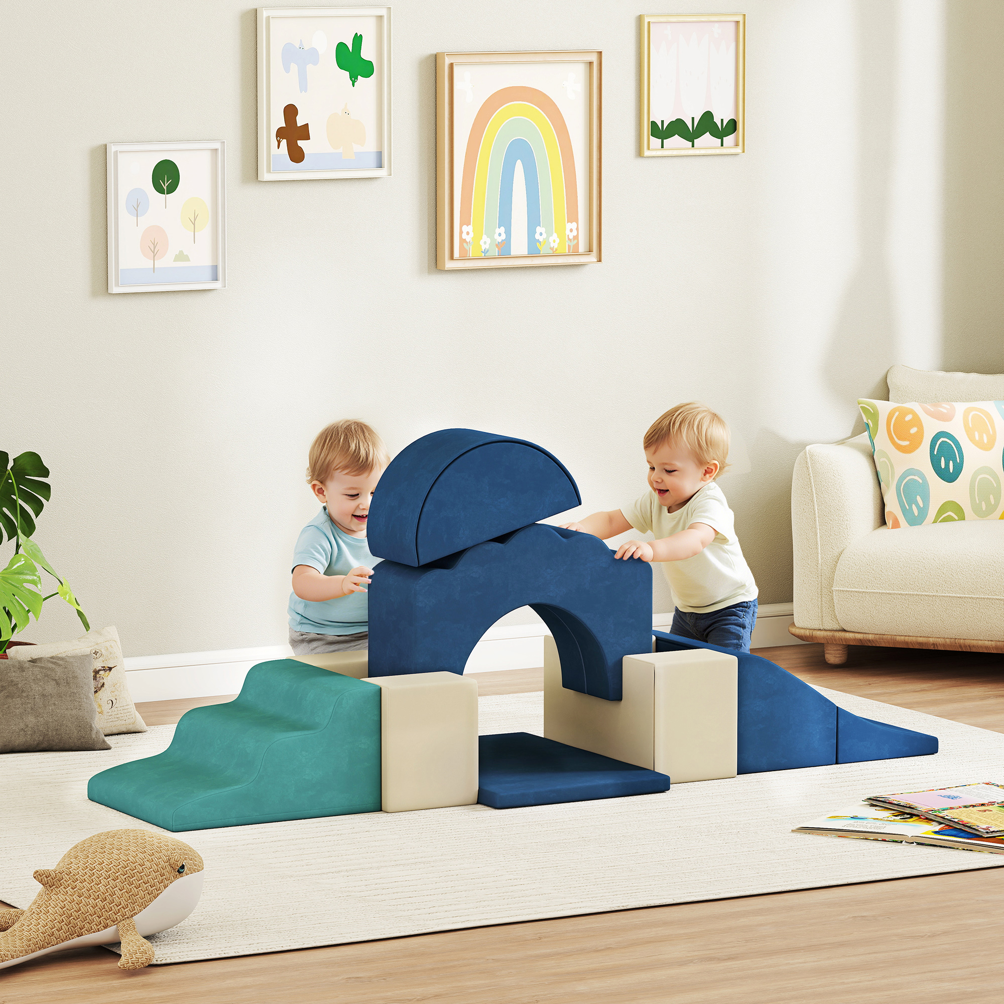 Qaba 7-Piece Baby Soft Play Set, Indoor Soft Play Gym Activity Play Set ...