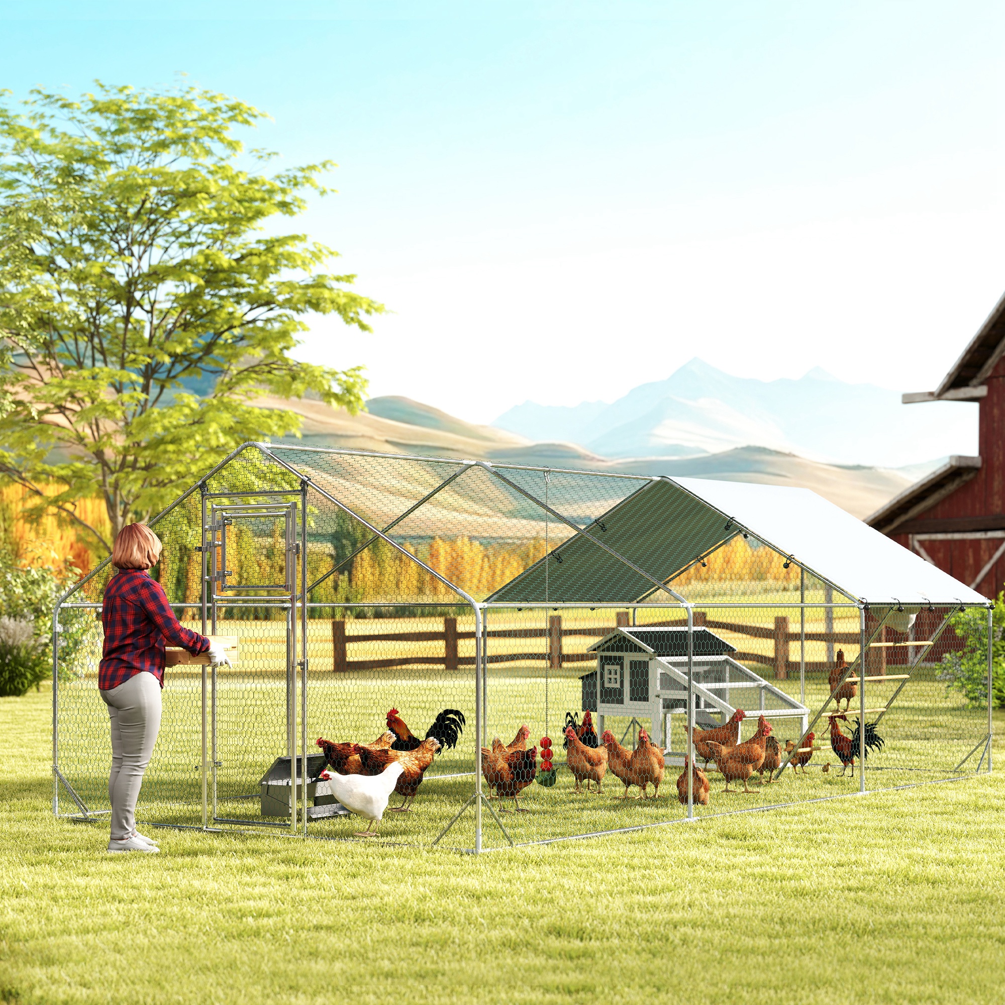 PawHut Large Metal Chicken Run with Waterproof & UV-Resistant Cover ...