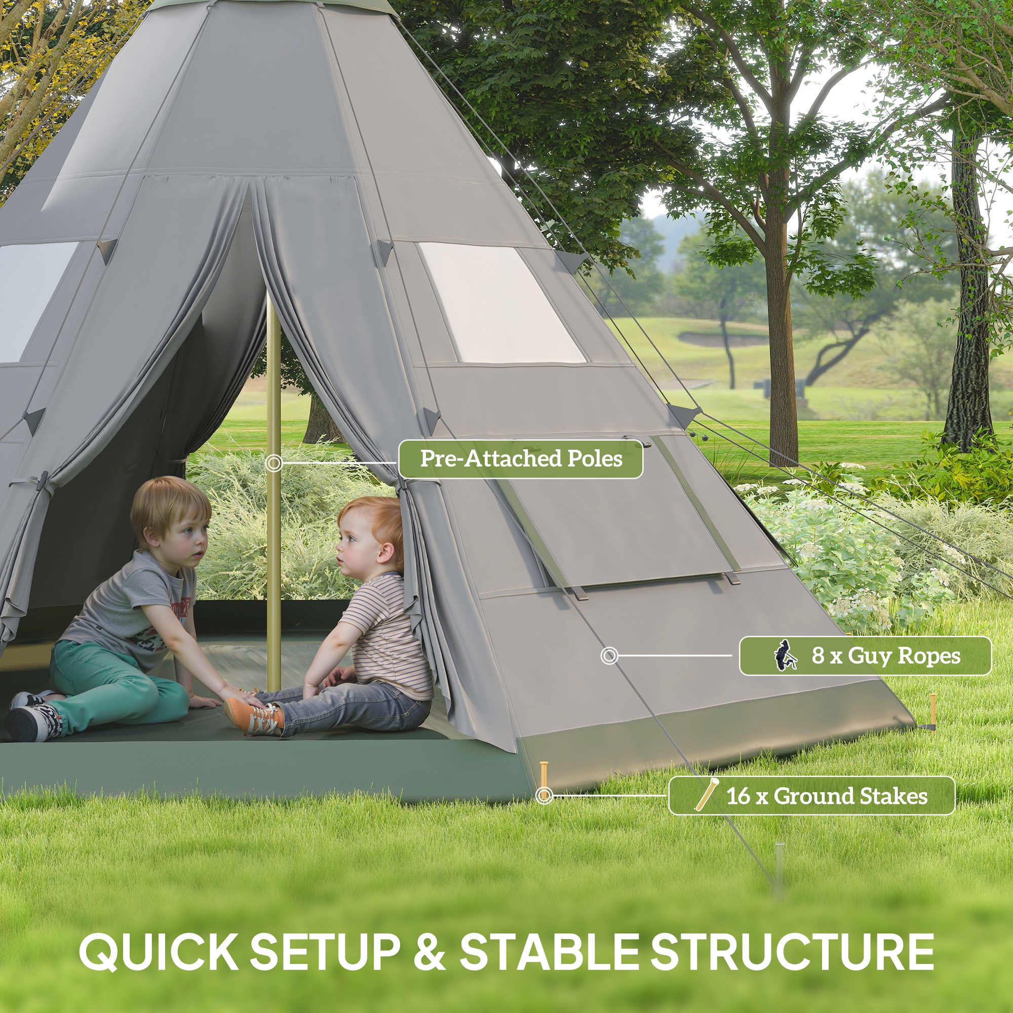 Outsunny 6 Men Camping Family Teepee Tent with Mesh Windows, Tent Floor ...