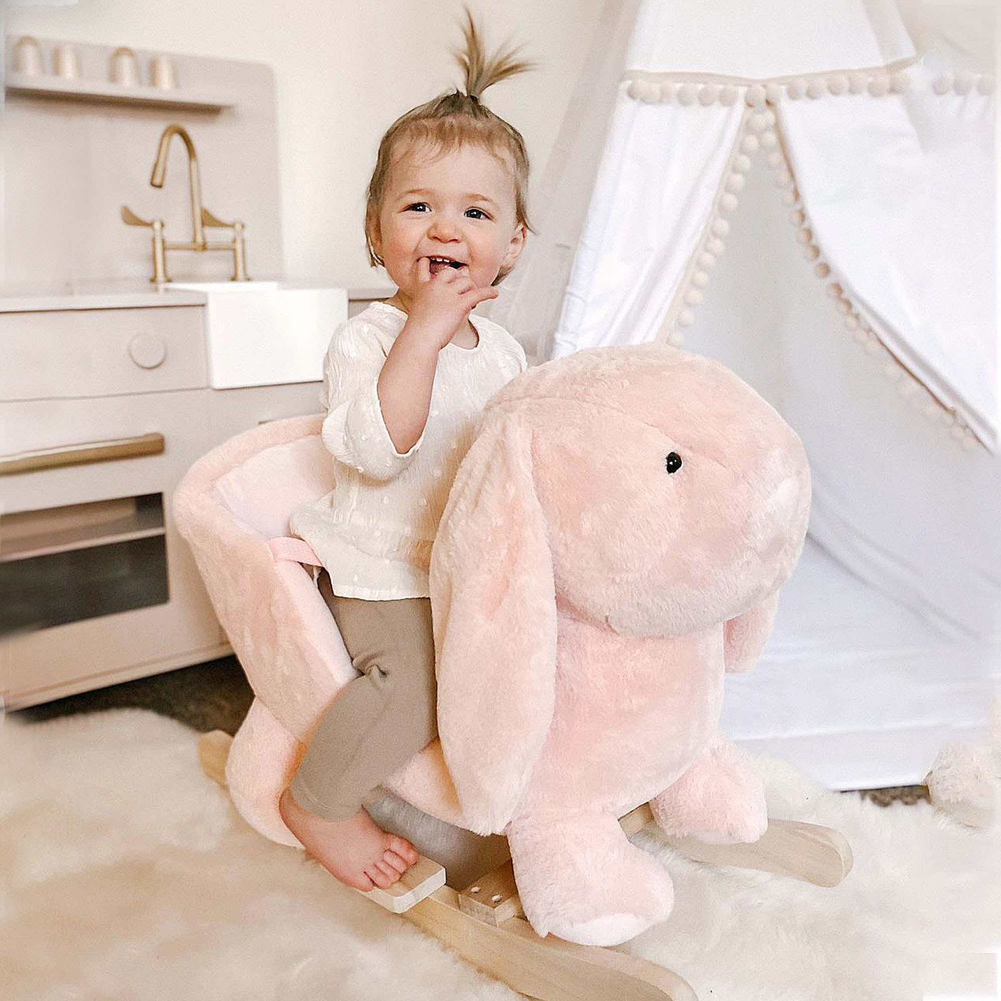 Qaba Rabbit Wooden Rocking Horse with Sound, Pink | Aosom.com