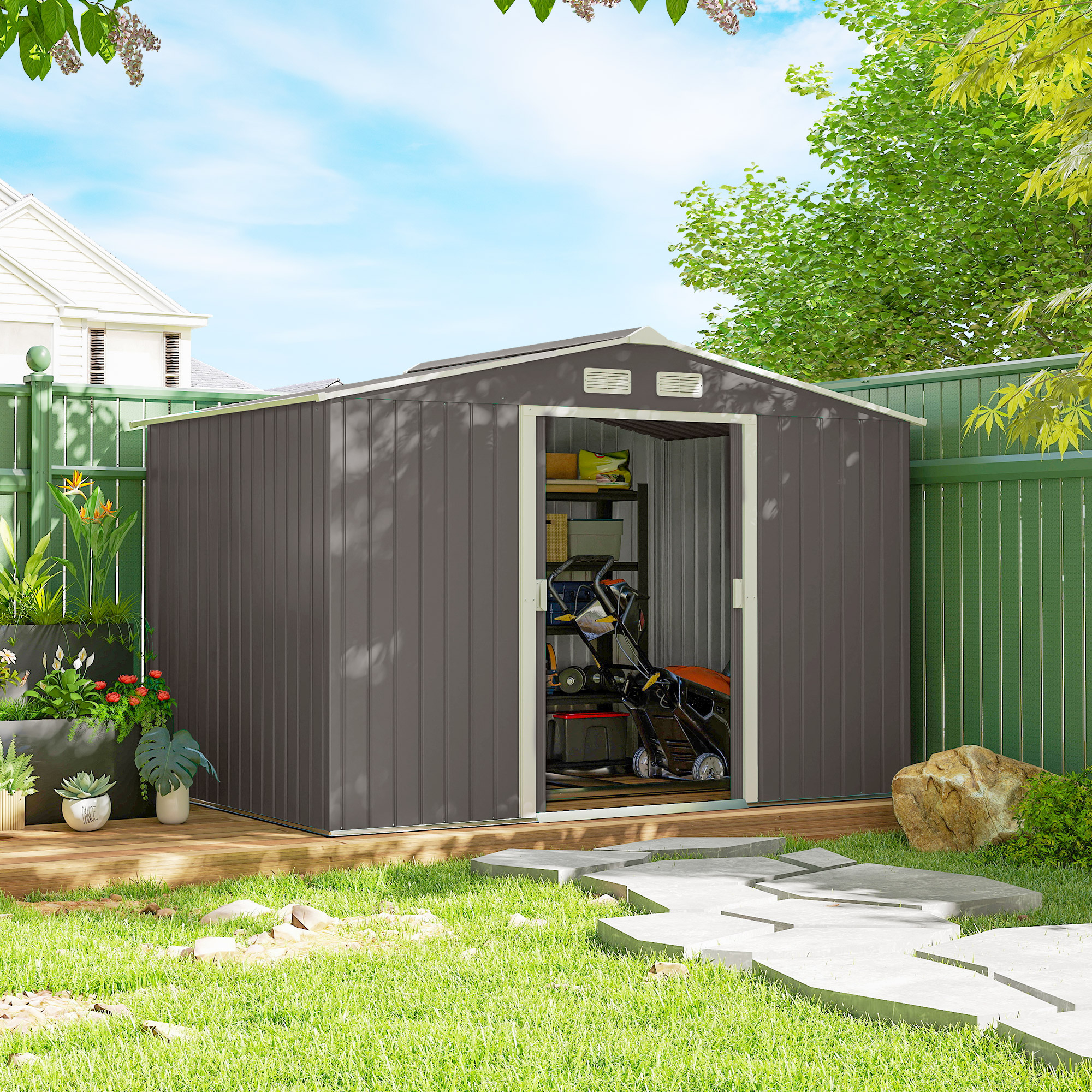 Outsunny 9x6 Garden Storage Shed w/Floor Foundation Double Doors Grey ...