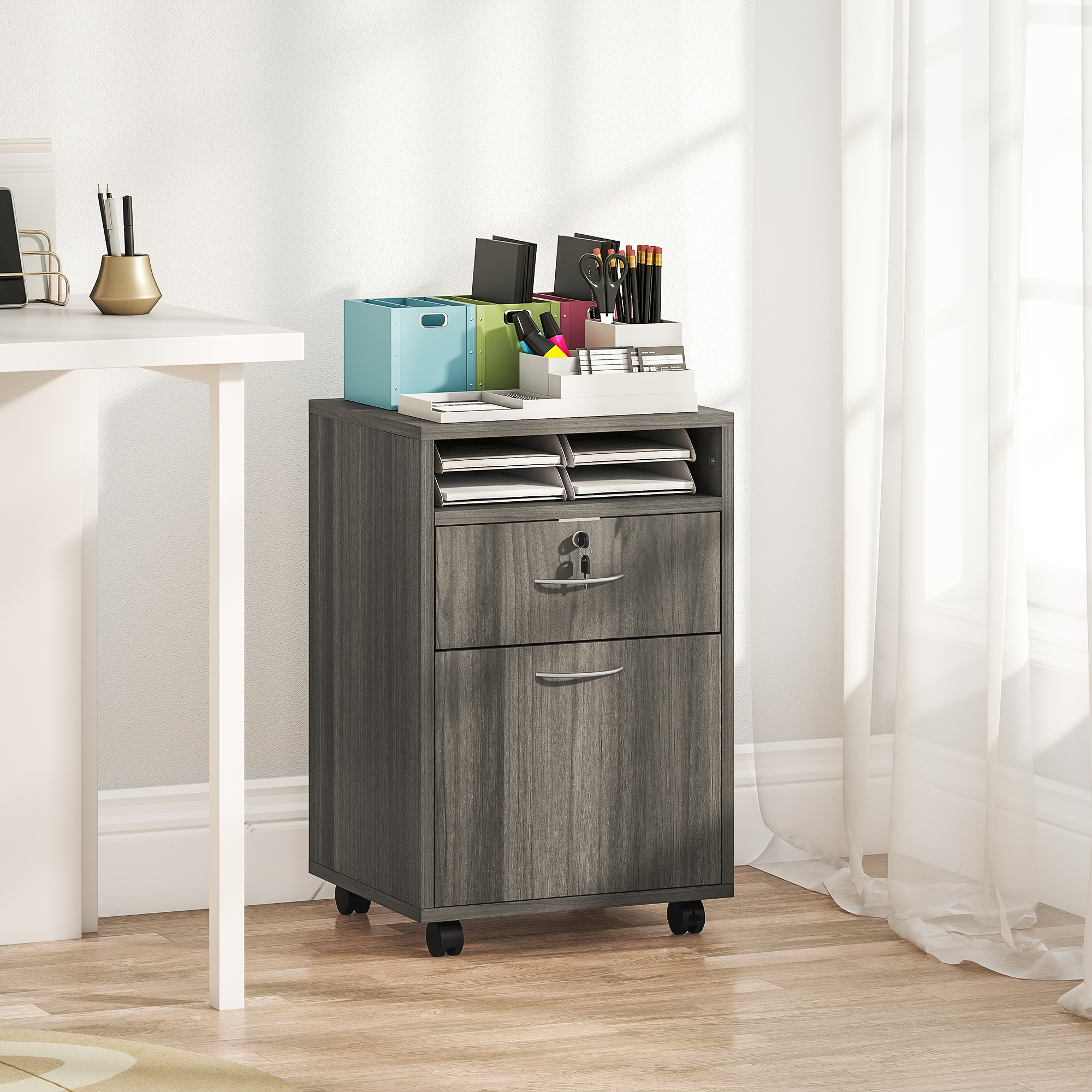 HOMCOM 24" Filing Cabinet with Open Compartment, Lockable Drawer and ...