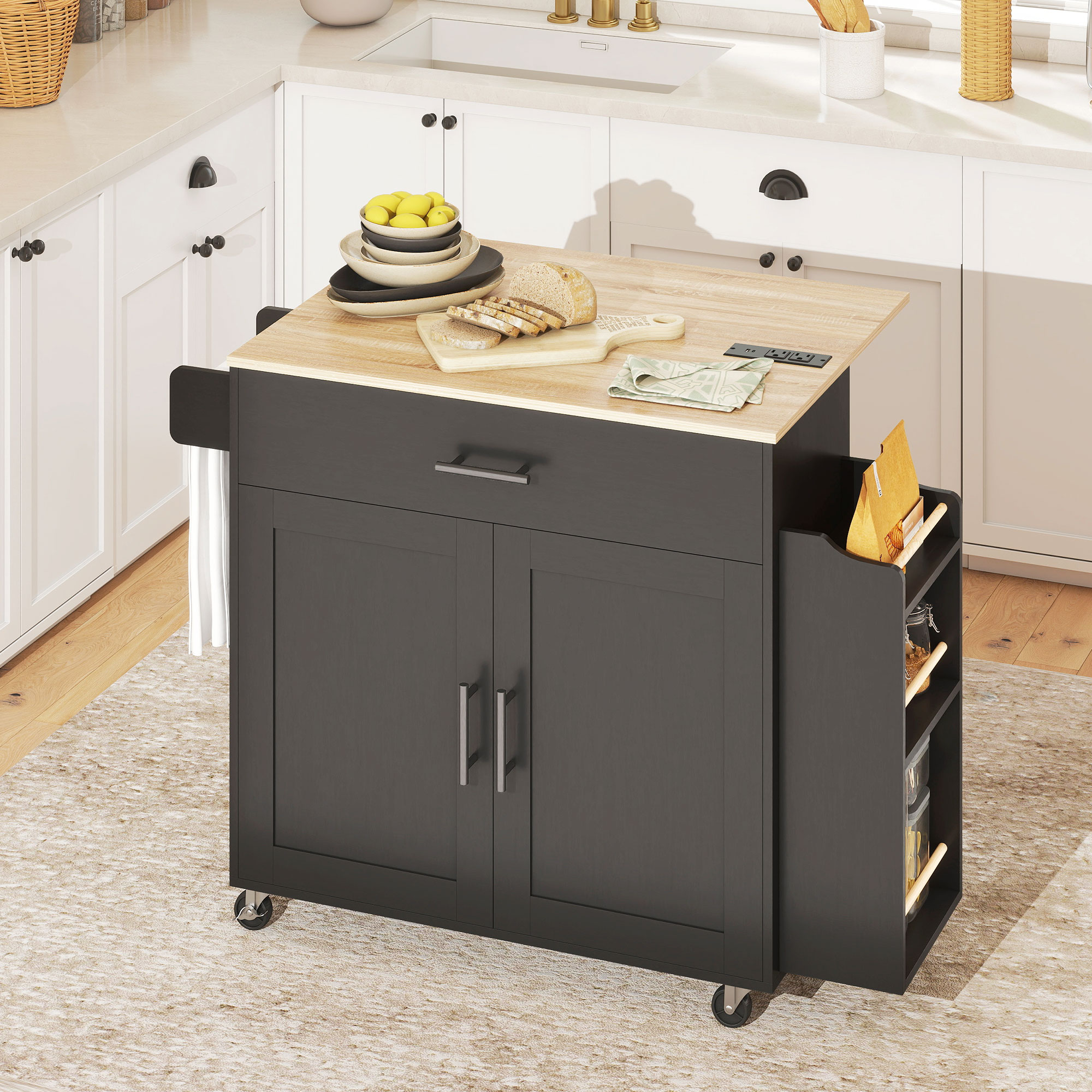 HOMCOM Kitchen Island with Storage, Rolling Kitchen Cart with Foldable ...