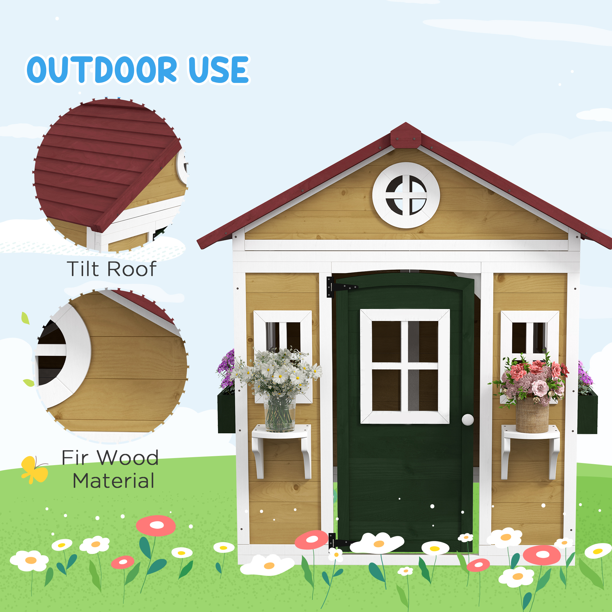 Outsunny Wooden Playhouse for Kids Outdoor with Doors, Windows, Planter ...
