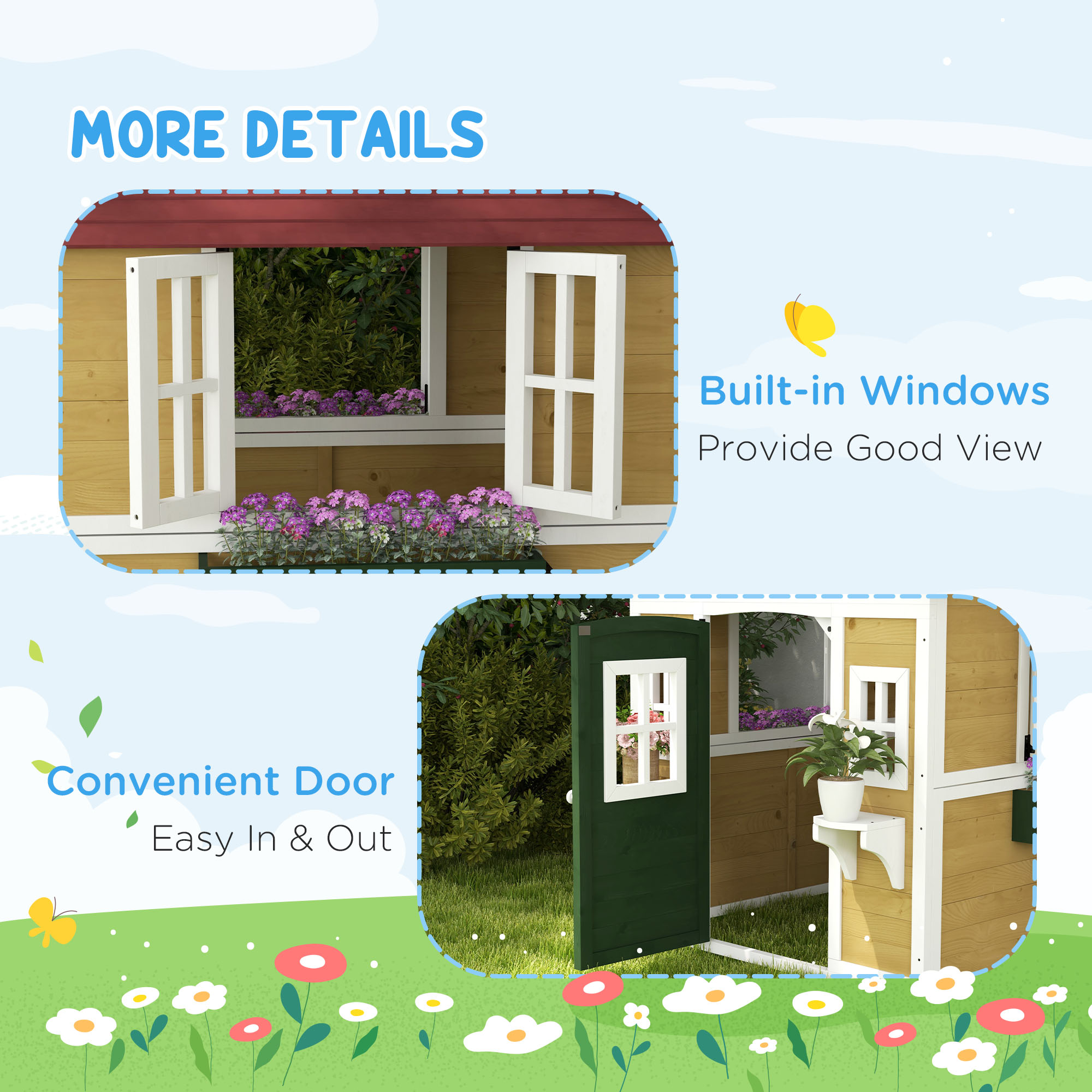 Outsunny Wooden Playhouse for Kids Outdoor with Doors, Windows, Planter ...
