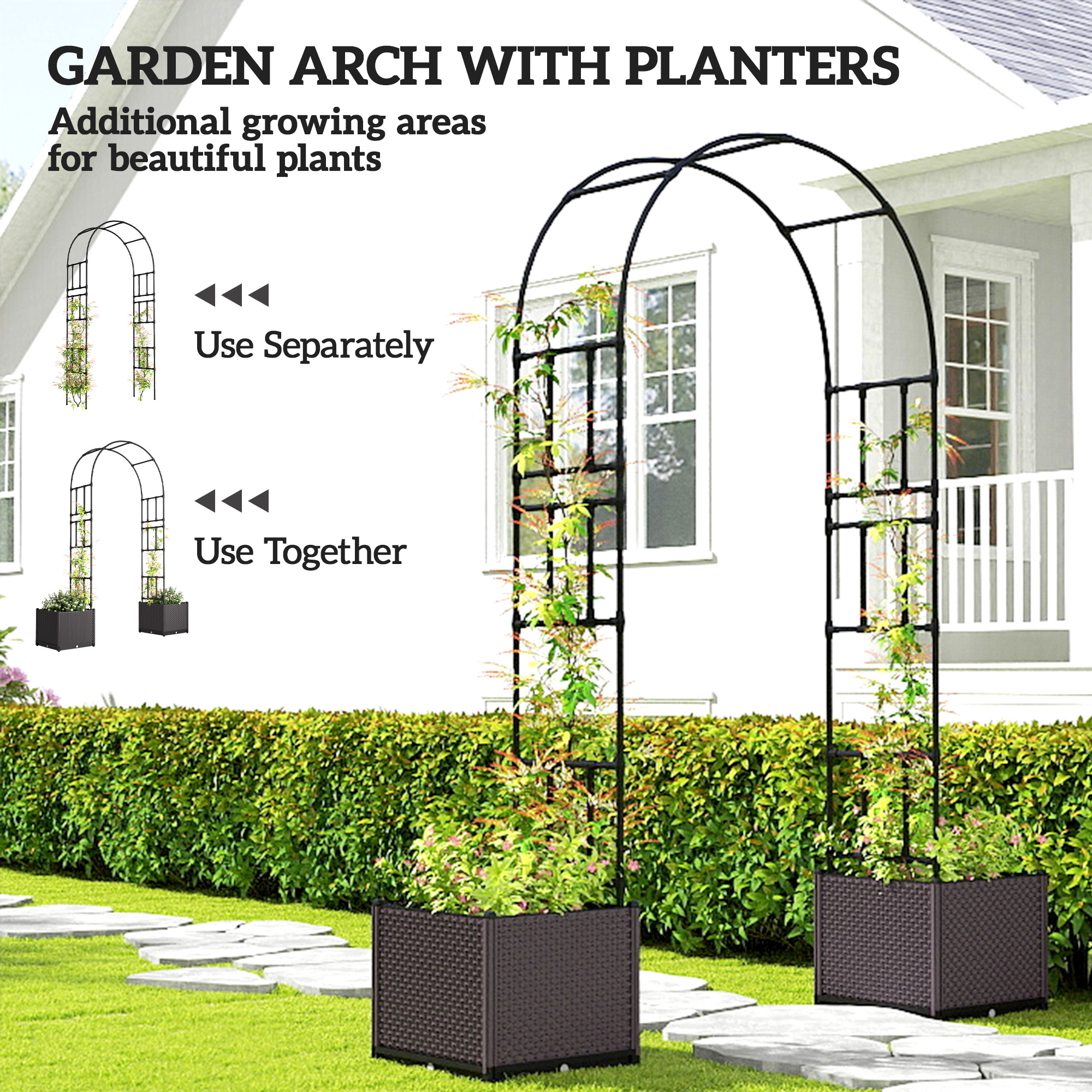 Outsunny 8ft Garden Arch with Two Planters Outdoor Steel Trellis Arbor ...