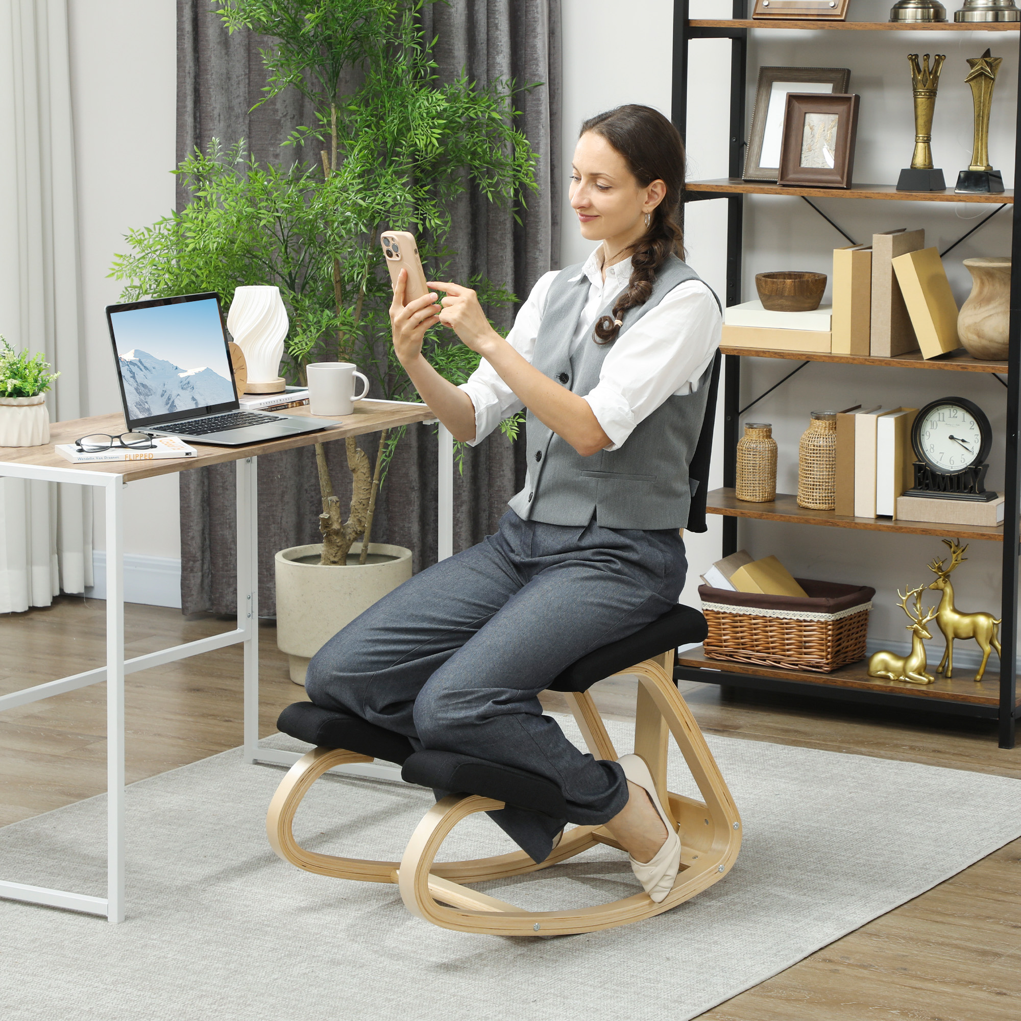 HOMCOM Ergonomic Kneeling Chair, Rocking Wood Kneel Stool with Backrest ...