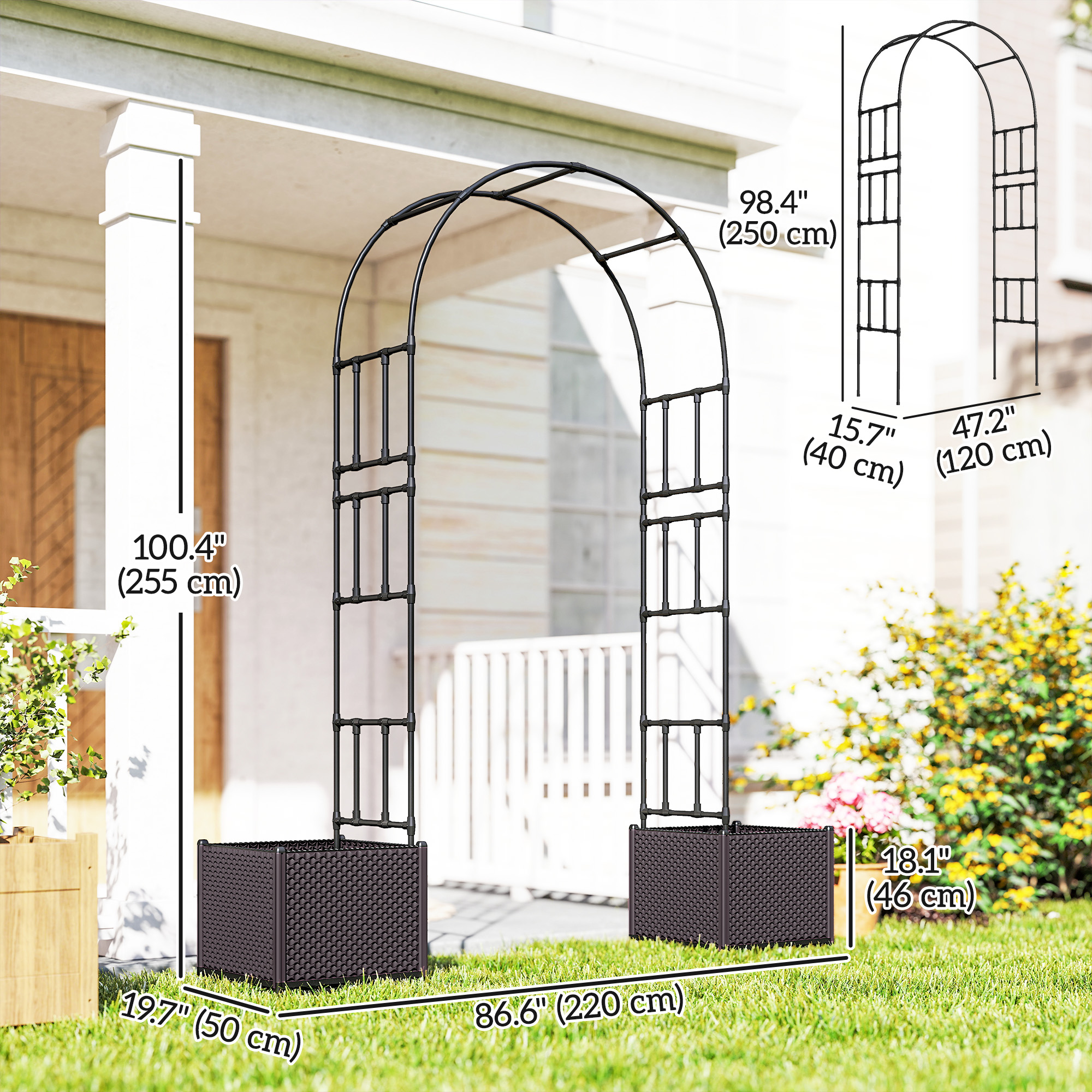 Outsunny 8ft Garden Arch with Two Planters Outdoor Steel Trellis Arbor ...