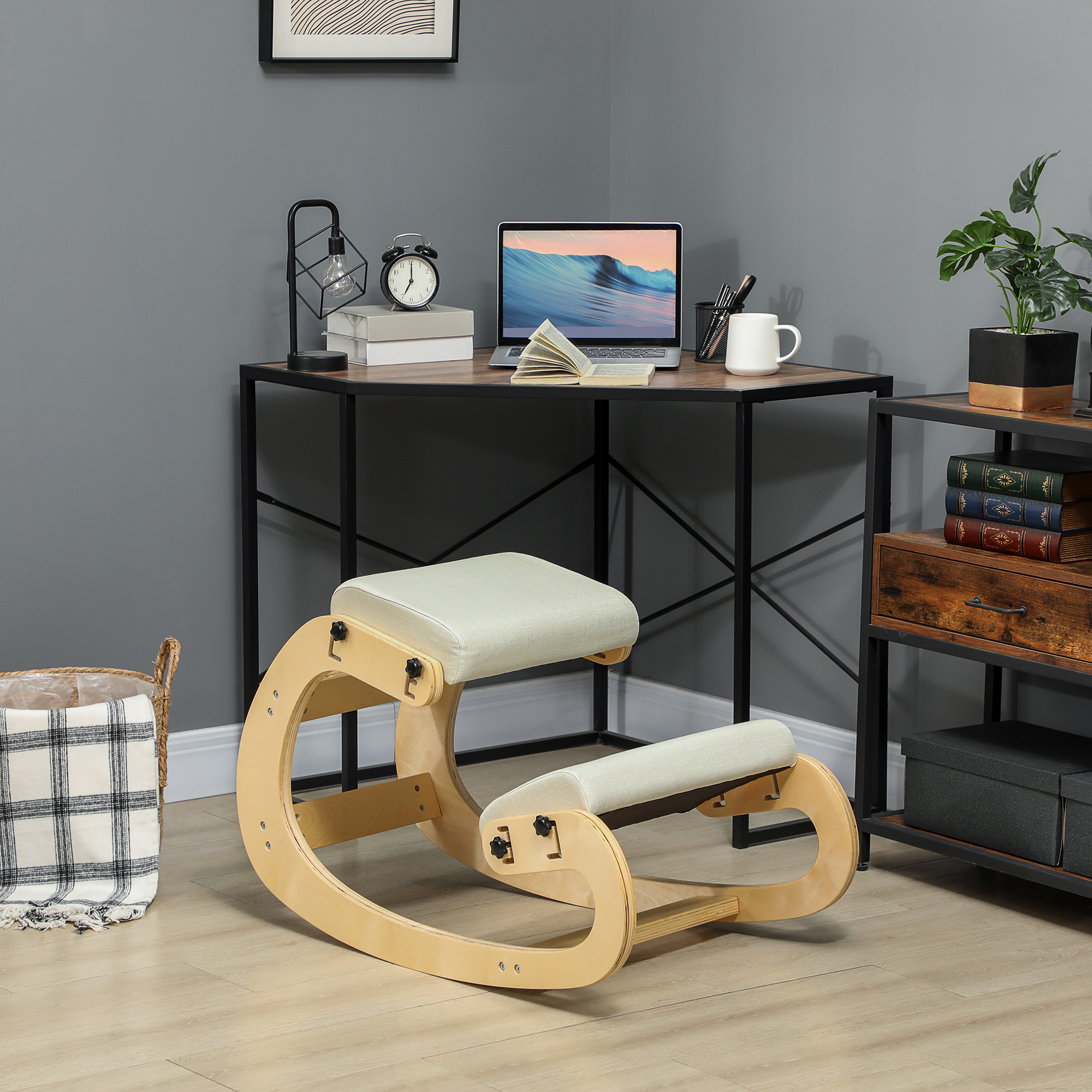 HOMCOM Ergonomic Kneeling Chair, Adjustable Rocking Wood Kneeling Stool ...