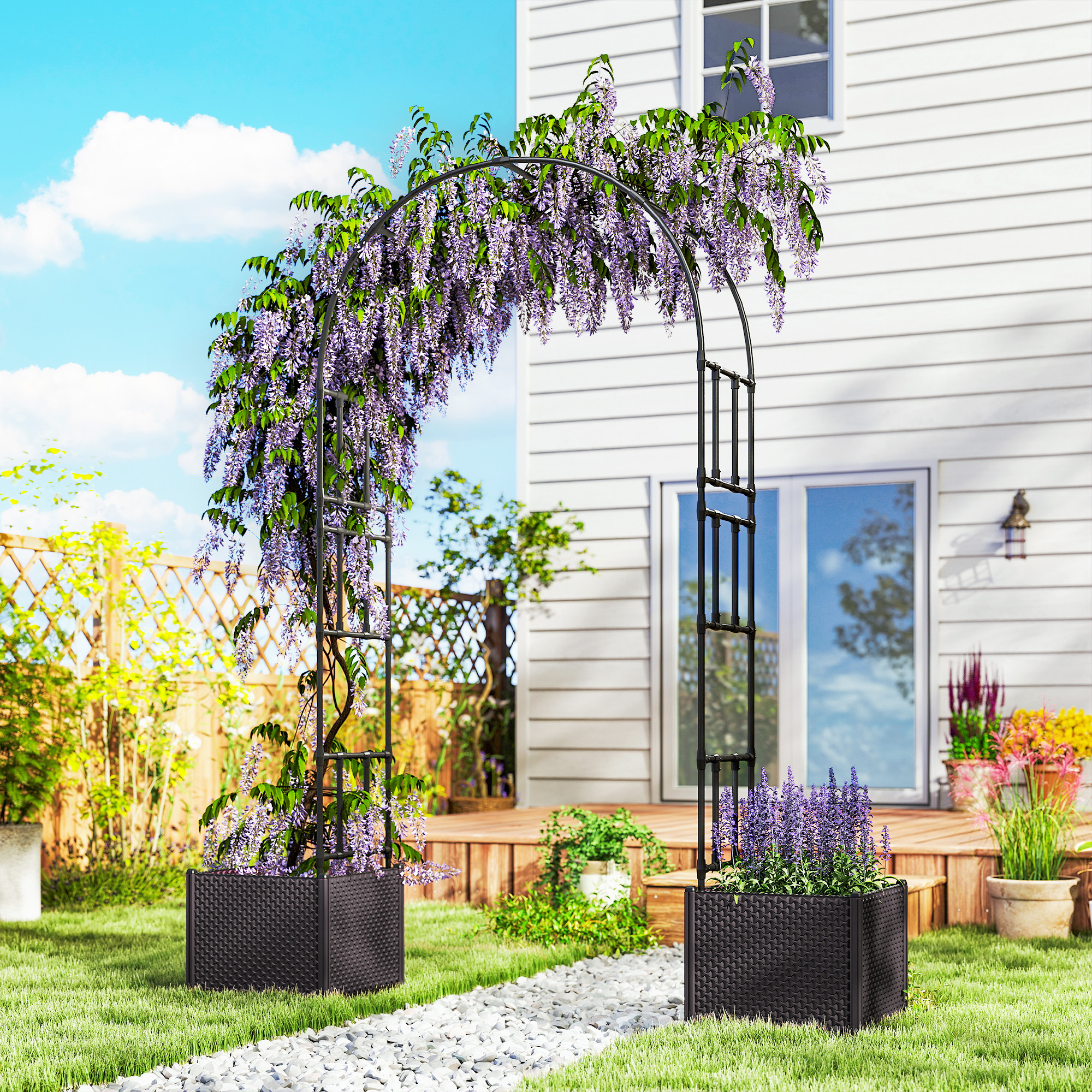 Outsunny 8ft Garden Arch with Two Planters Outdoor Steel Trellis Arbor ...