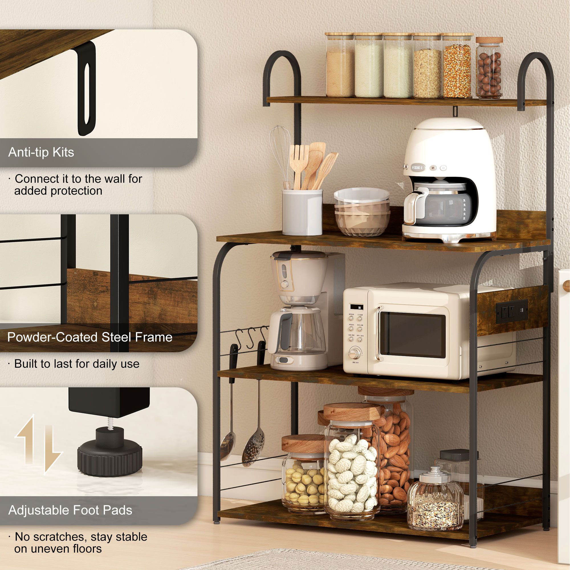 HOMCOM Baker's Rack with Charing Station, Microwave Shelf with Power ...