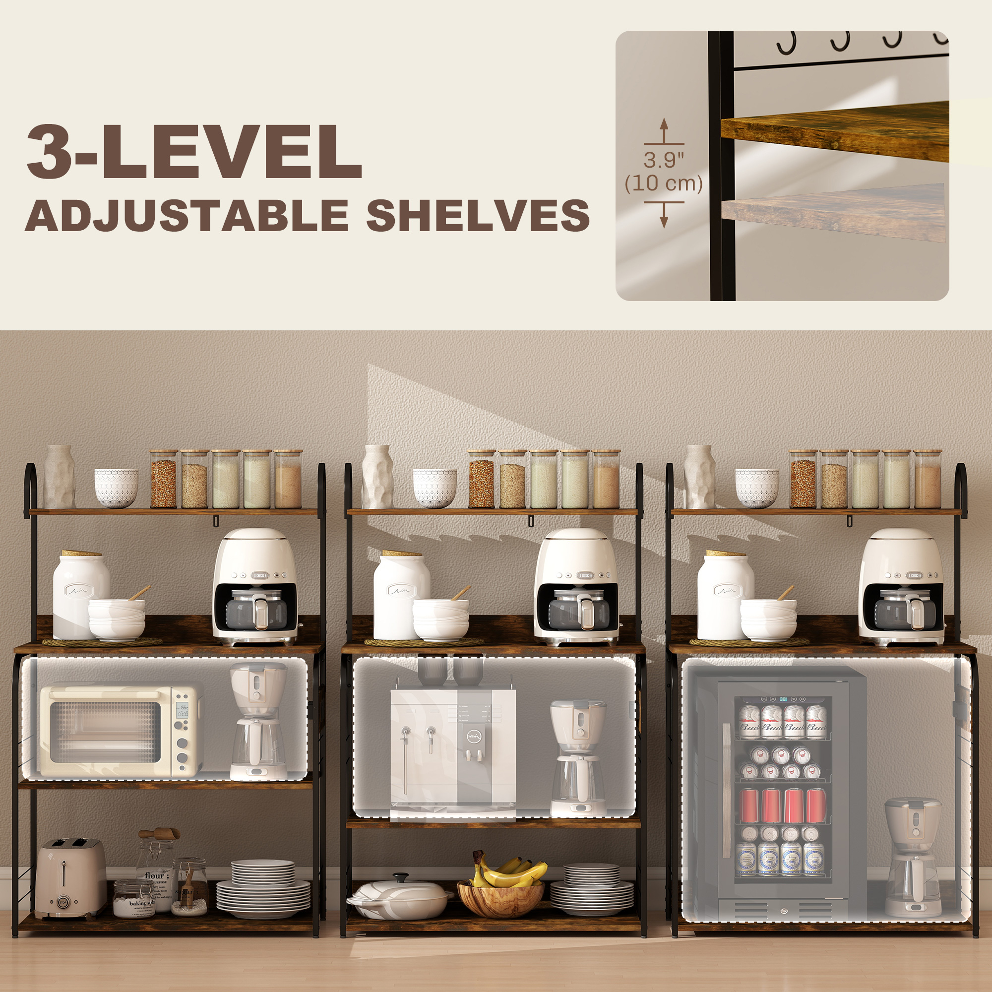 HOMCOM Baker's Rack with Charing Station, Microwave Shelf with Power ...