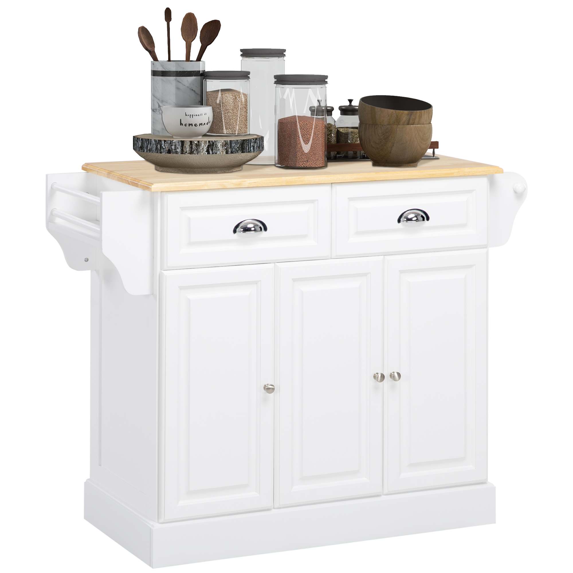 HOMCOM Triple-Cabinet Kitchen Island on Wheels, Kitchen Storage Cabinet with Drawers, Rolling ...