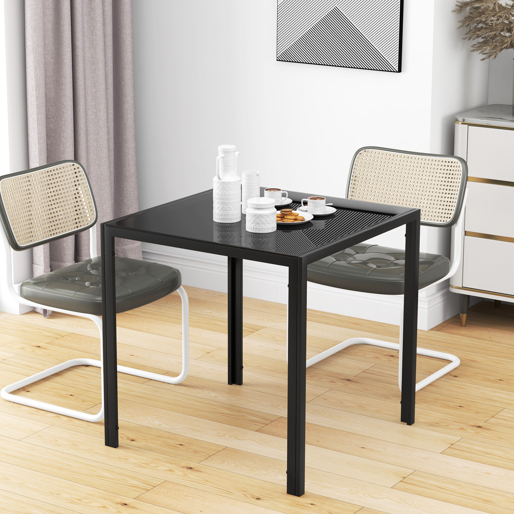 HOMCOM Square Kitchen Table for 2-4 People, Dining Table with Glass Top ...