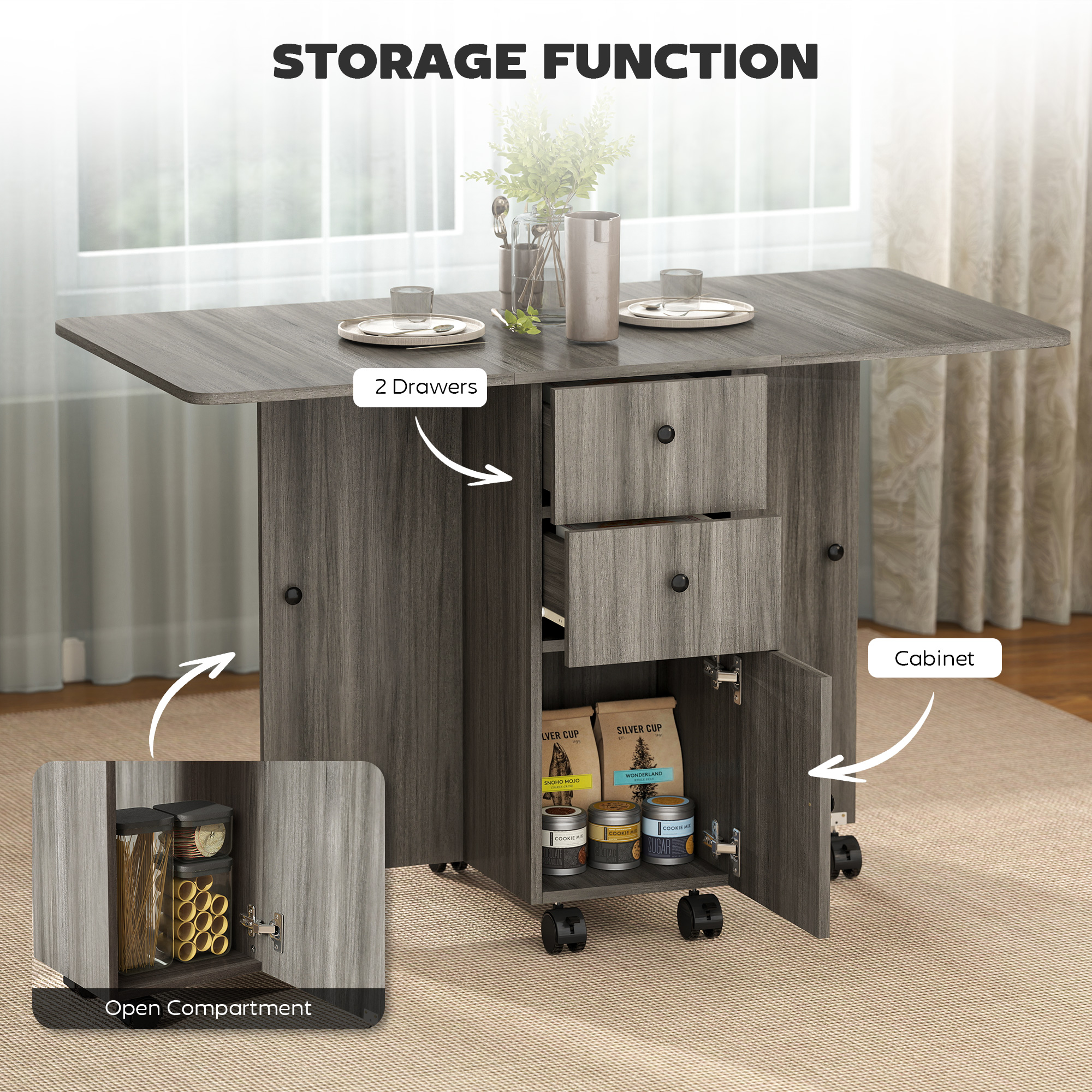 HOMCOM Foldable Dining Table, Rolling Kitchen Table With Storage ...