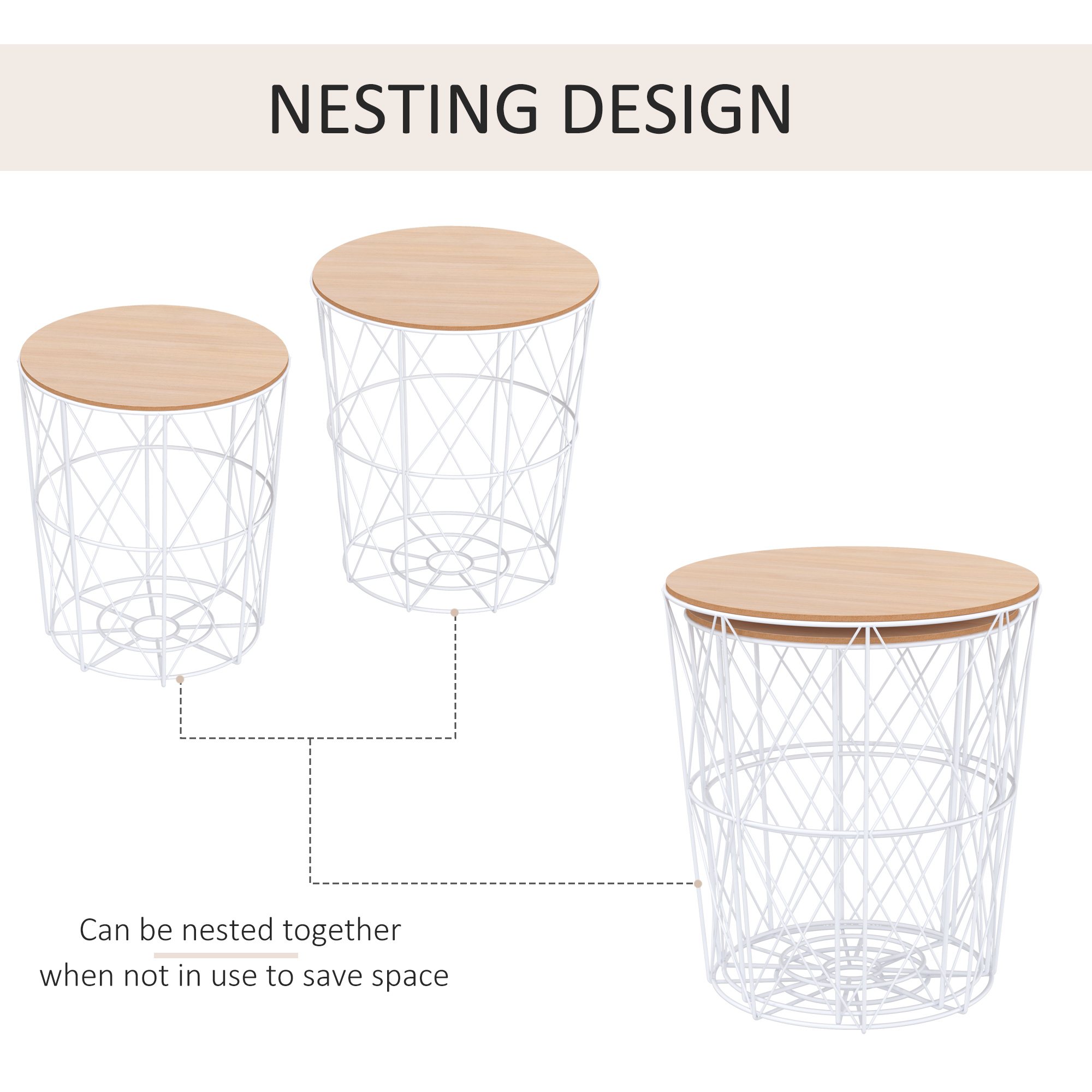 HOMCOM Set of 2 Nesting Side Tables with Metal Wire, Storage Basket ...