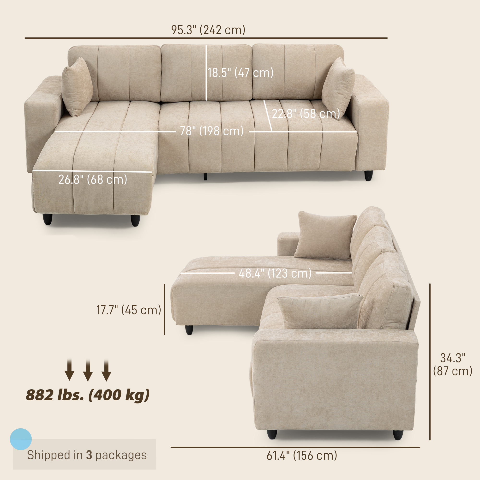 HOMCOM Sectional Couch with Integrated Seat, 3 Seater L-Shaped Sofa ...